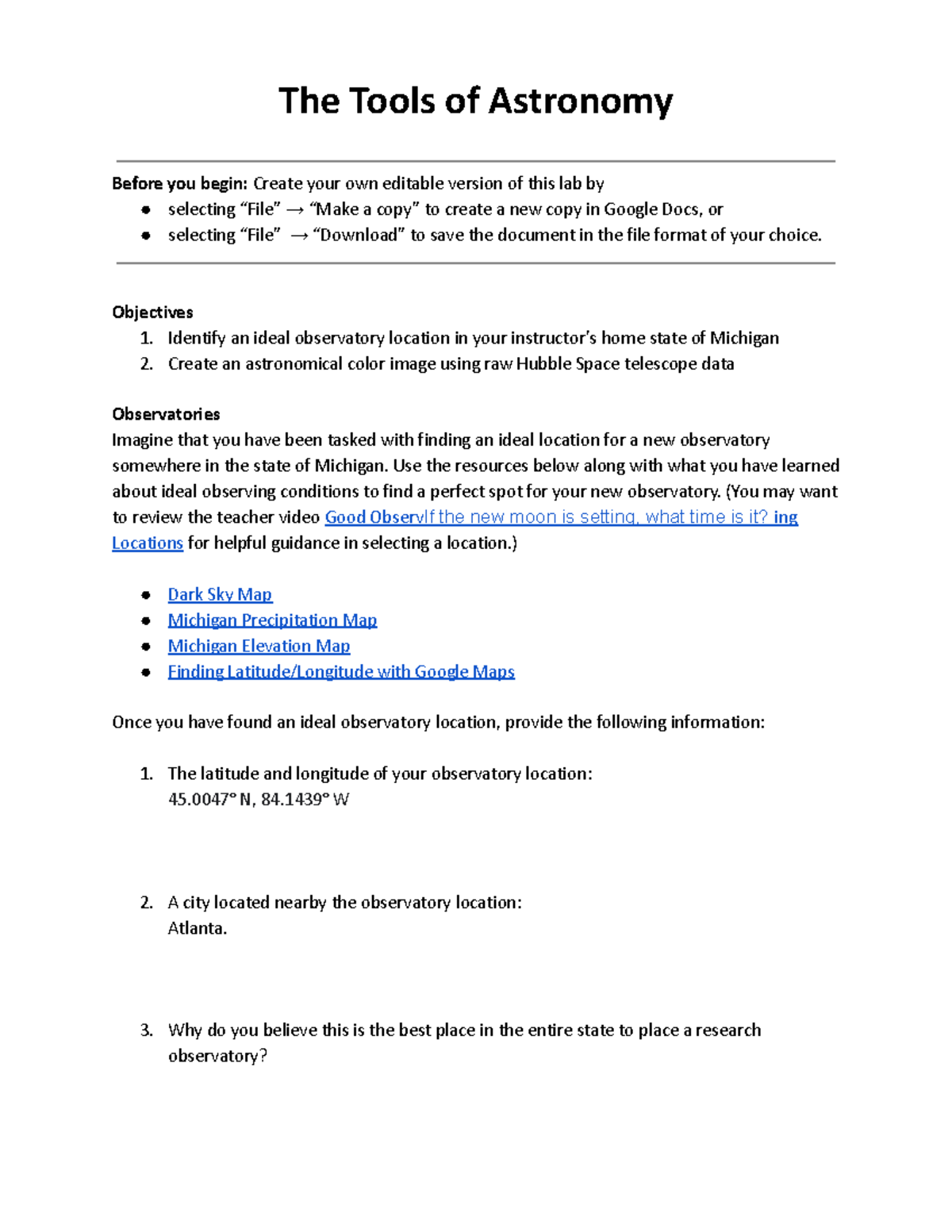 Lab 5 - Lab 5 - The Tools of Astronomy Before you begin: Create your ...