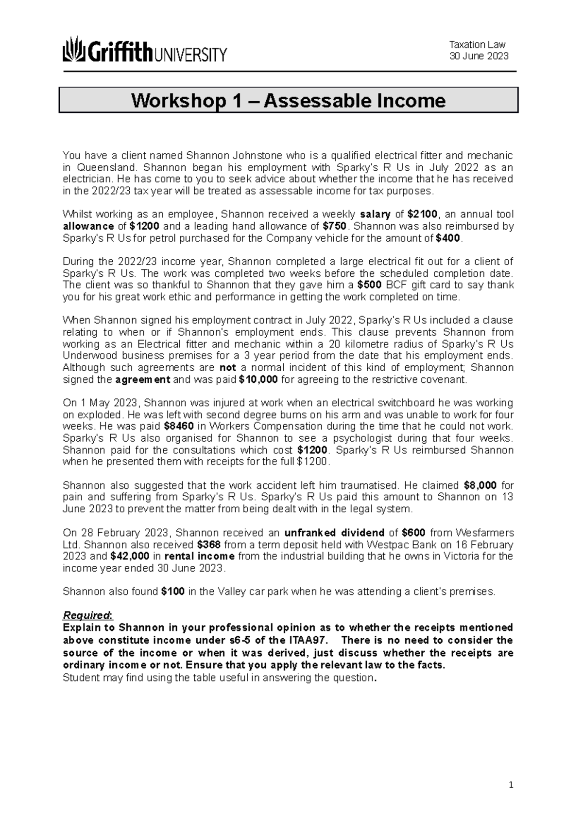 W1 PE and Property income - Workshop 1 – Assessable Income You have a ...