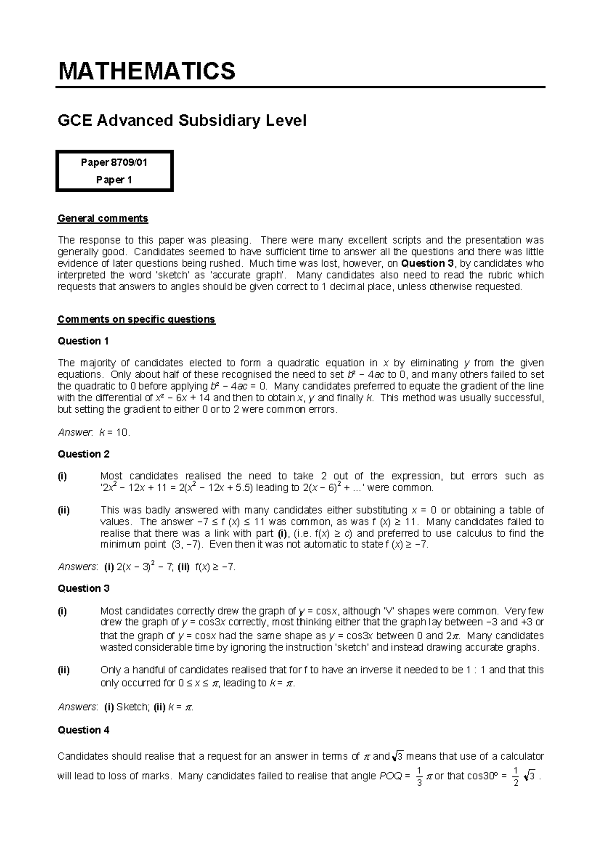 9709 w01 er - MATHEMATICS GCE Advanced Subsidiary Level Paper 8709 ...