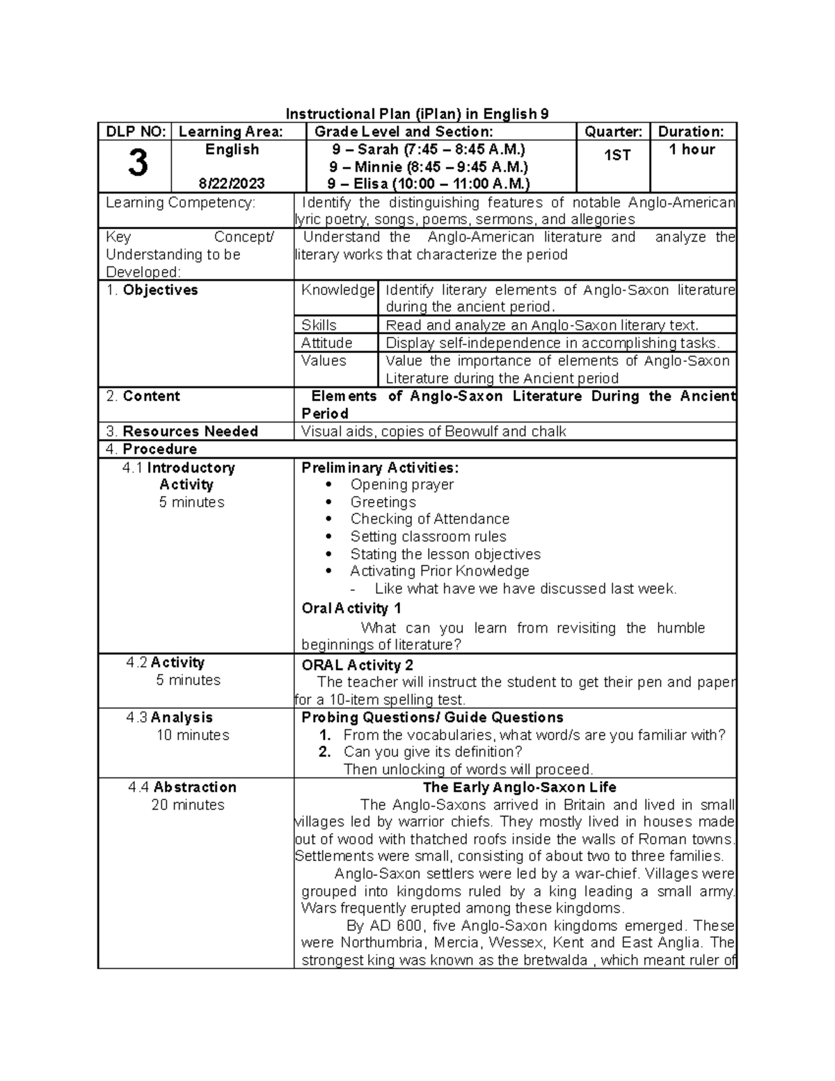D3 lp - LESSON PLAN - Instructional Plan (iPlan) in English 9 DLP NO: Learning Area: Grade Level ...