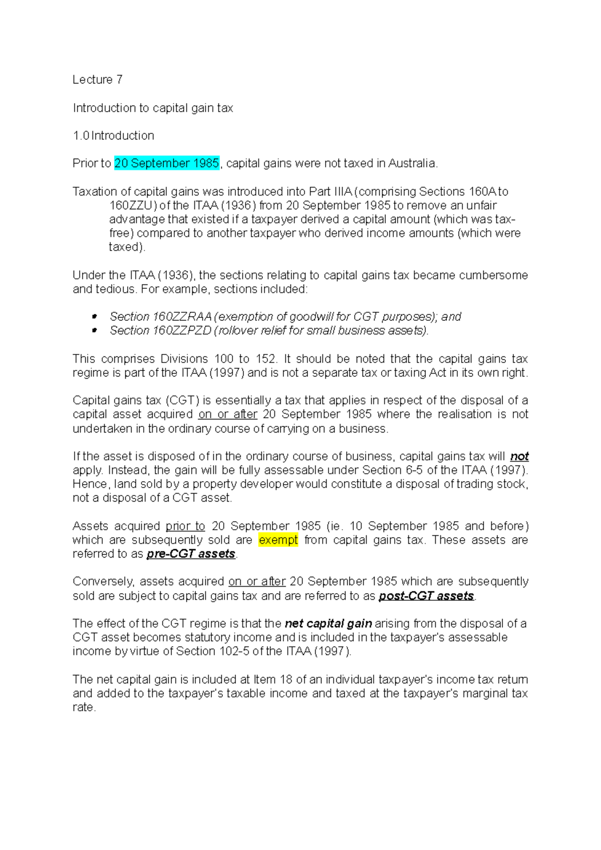 Lecture 7 - notes - Lecture 7 Introduction to capital gain tax 1 ...