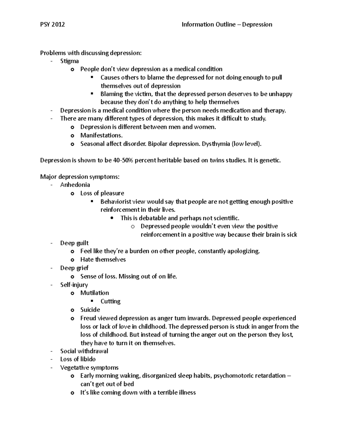 9 Information Outline – Depression - Copy - PSY 2012 Information ...