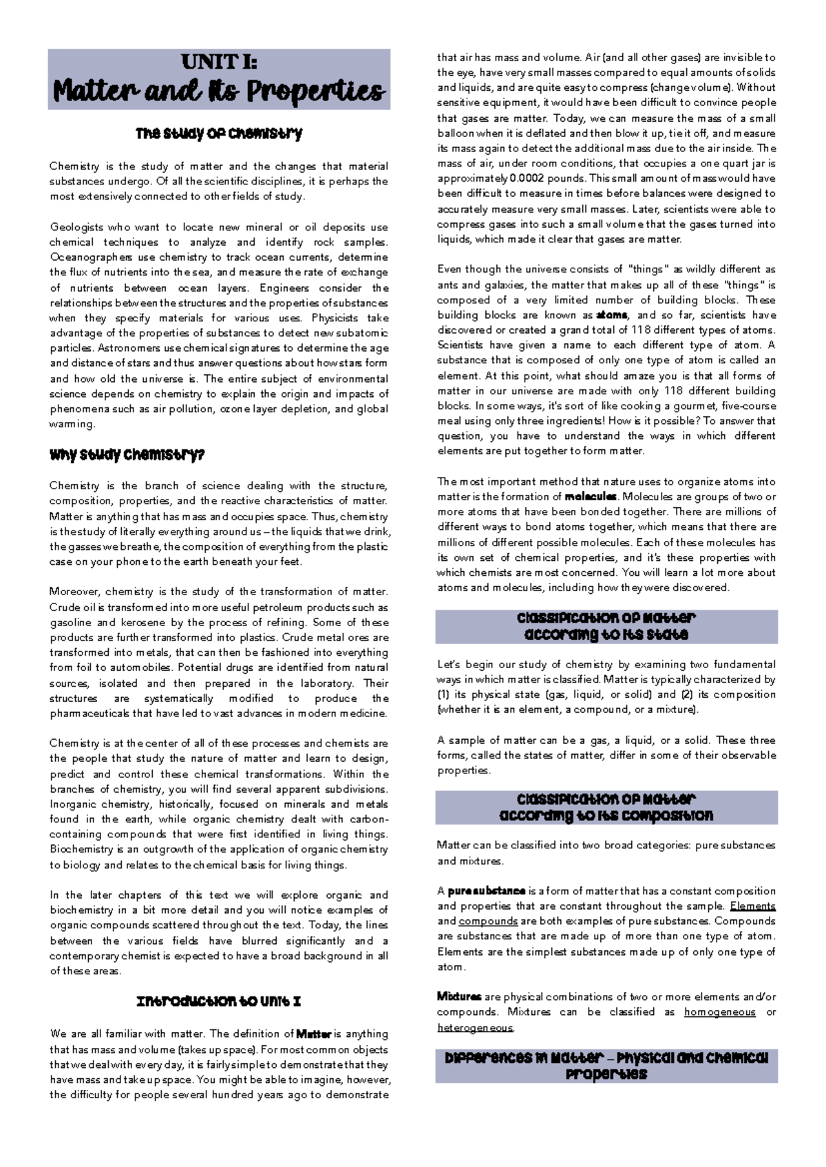 CHEM 01 - Unit I, II, III Compilation - UNIT I: Matter and Its ...