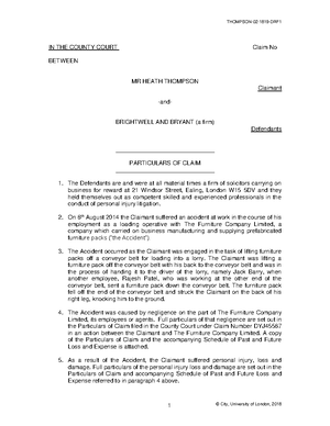 Drafting a Particulars of Claim - IN THE COUNTY COURT MONEY Claim No ...
