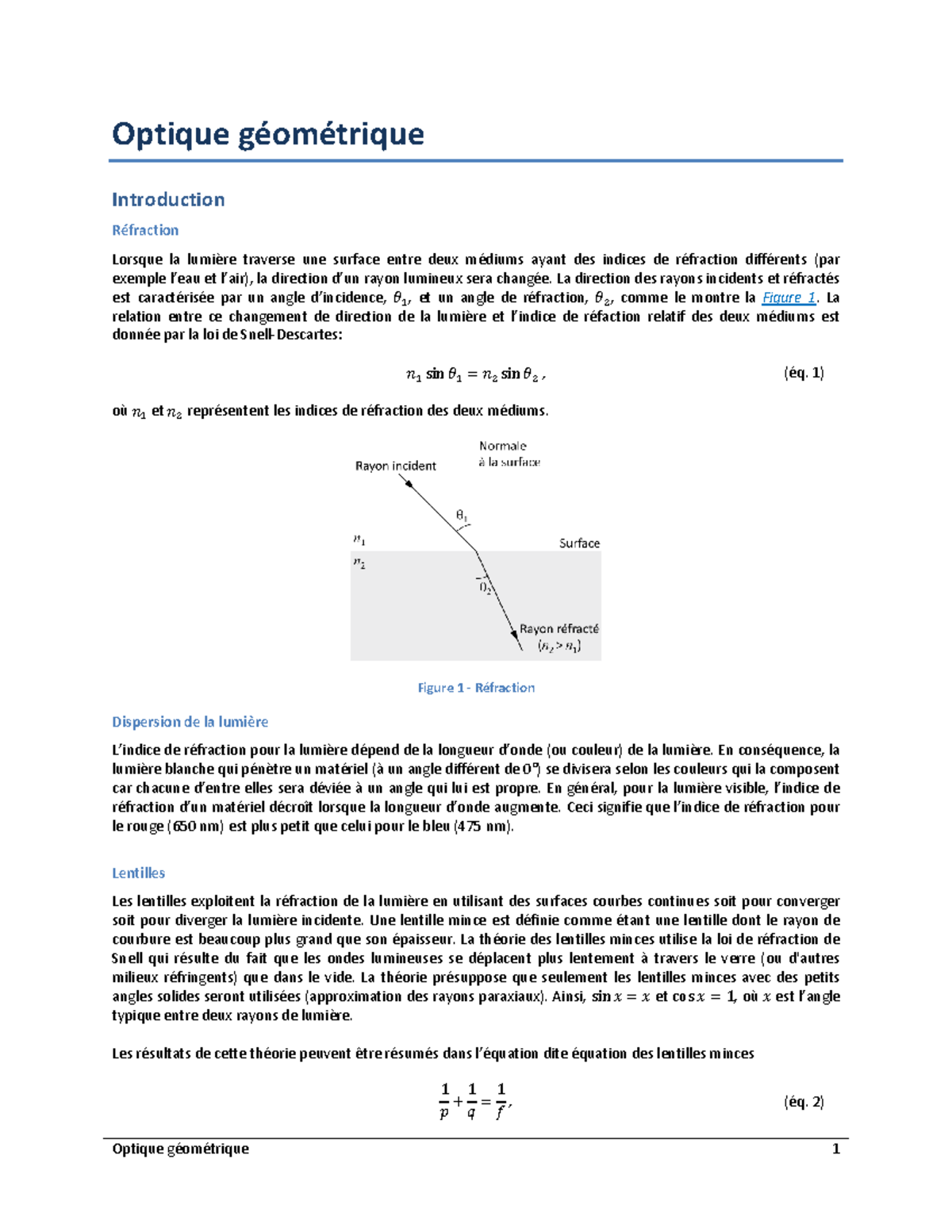 Optique géométrique - manuel - Optique géométrique Introduction Réfraction Lorsque la lumière ...