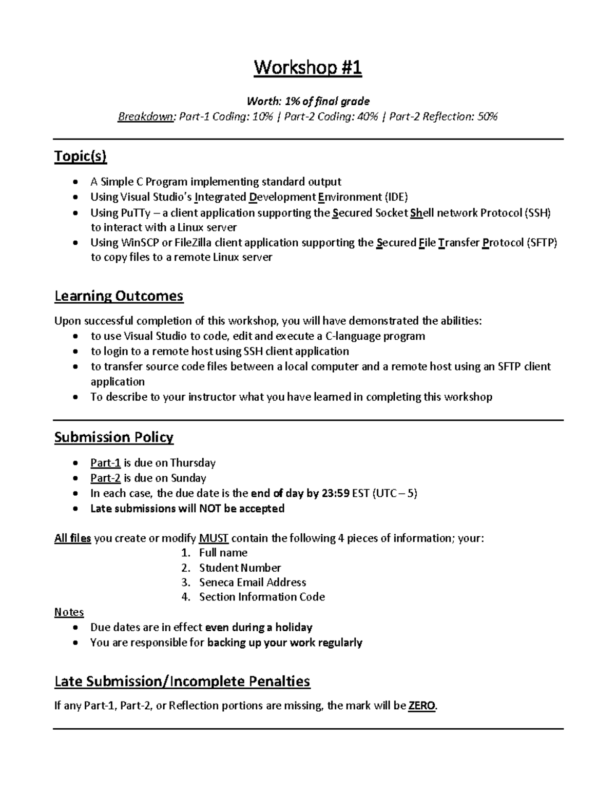 Workshop 01 - C Programming Output Activity - Workshop # 1 Worth: 1% of ...