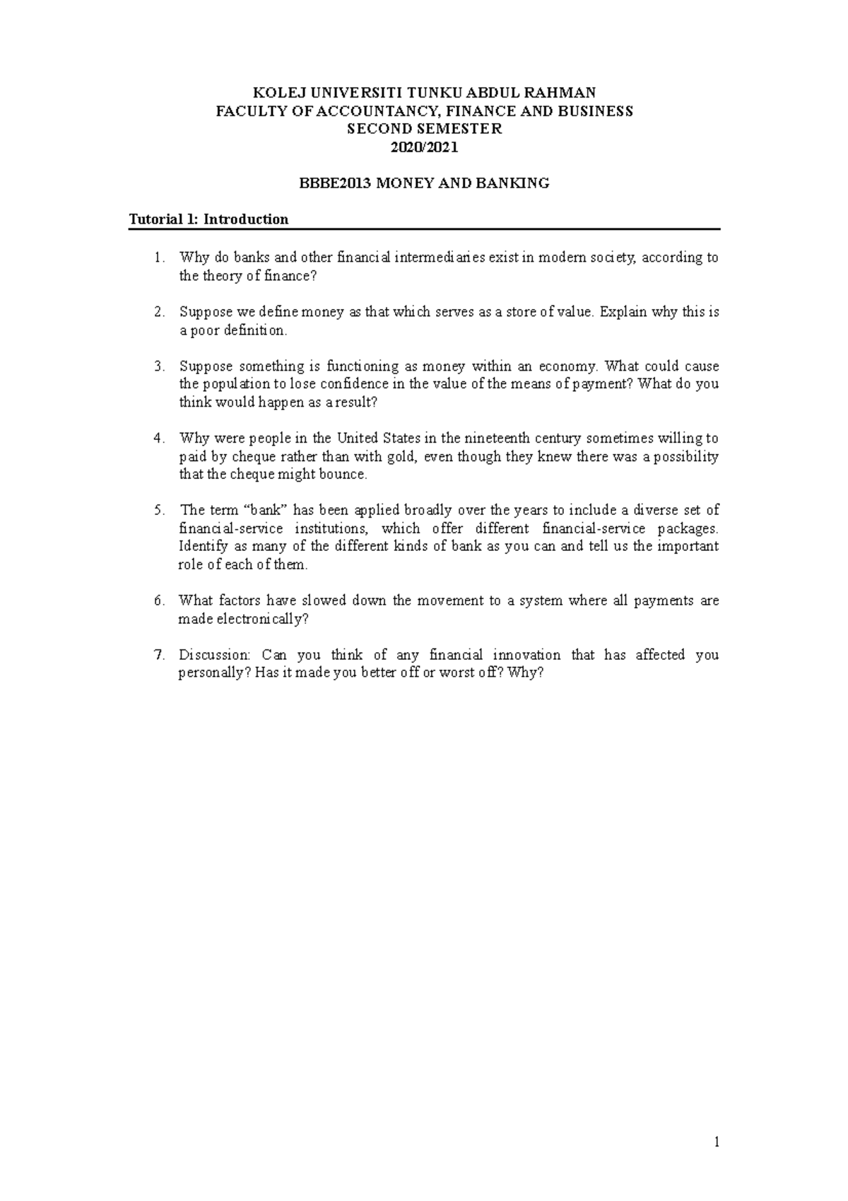 Principles of Money and Banking Management - KOLEJ UNIVERSITI TUNKU ...