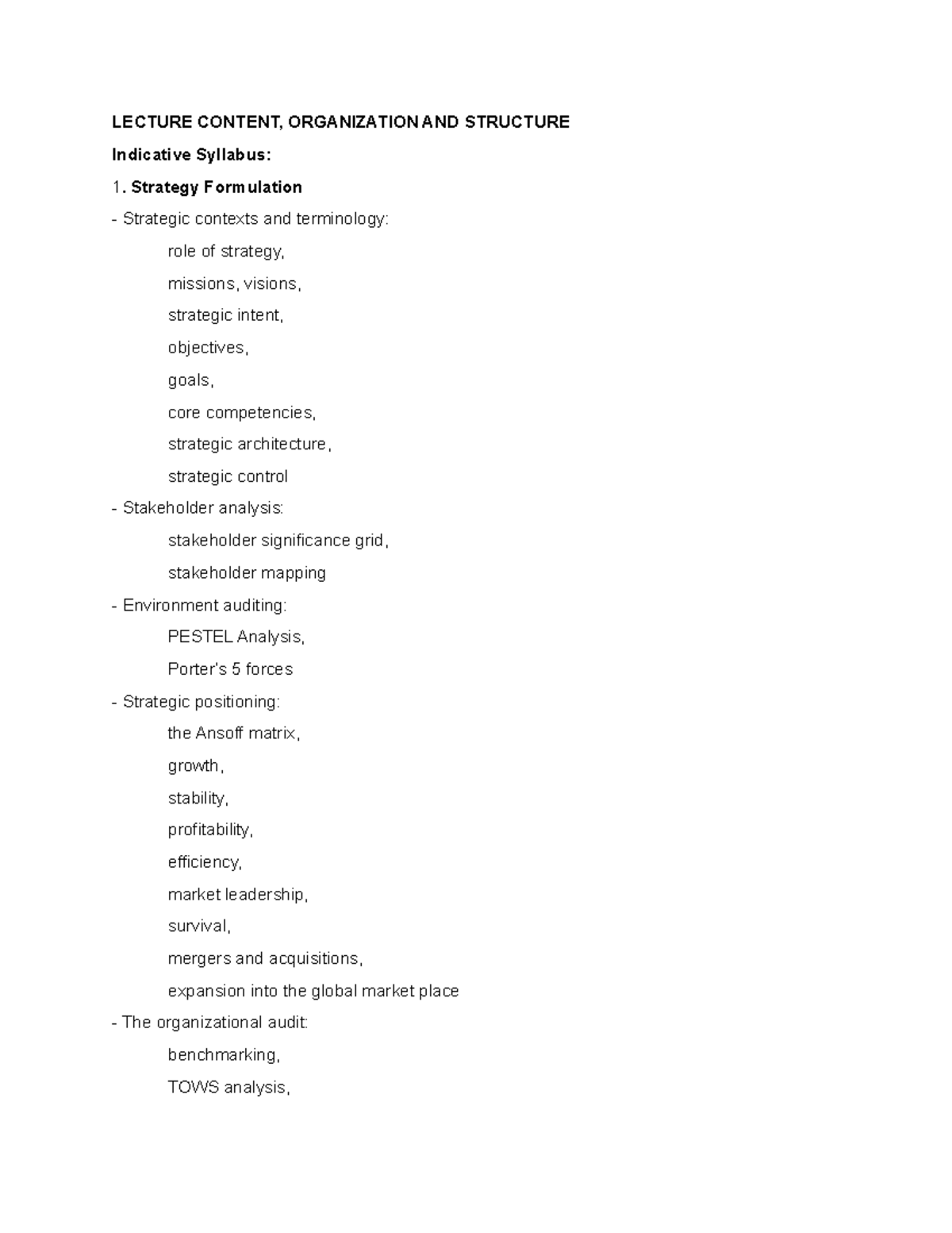 Lecture Content for Strategic Analysis - LECTURE CONTENT, ORGANIZATION ...