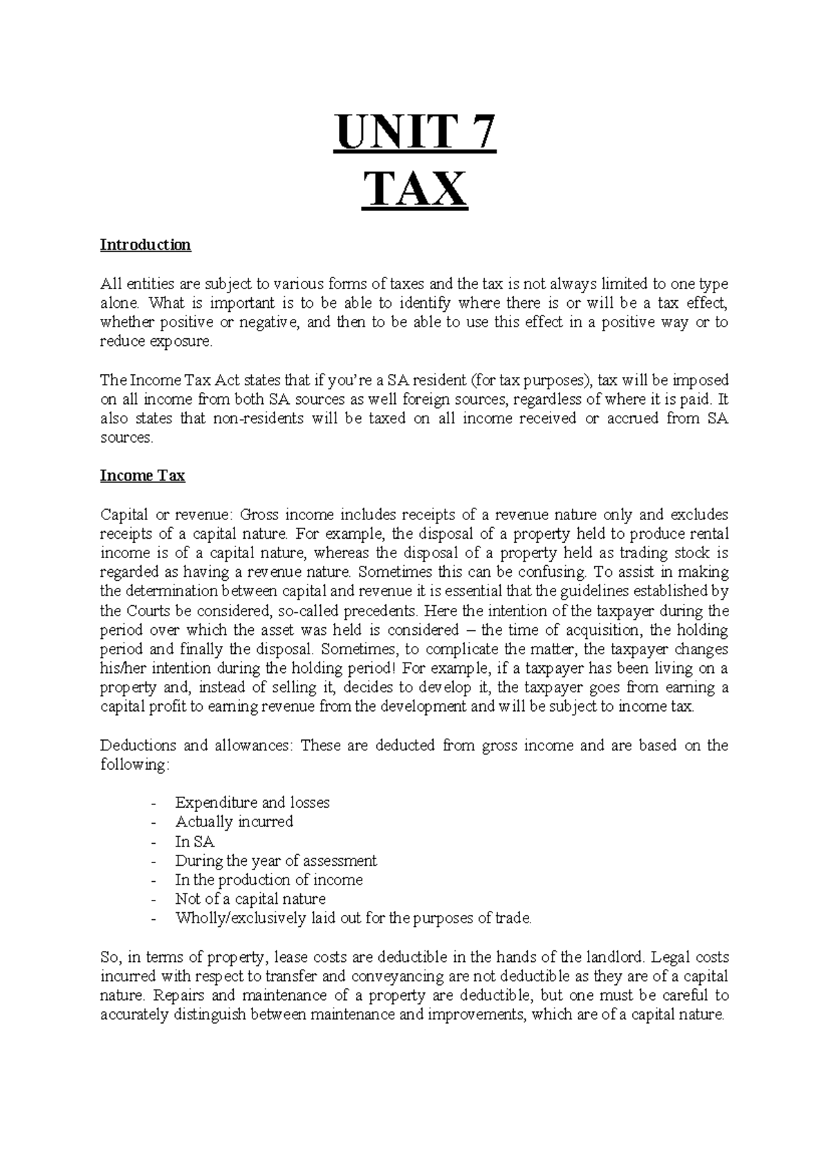 PEF3 - UNIT 7 - notes - UNIT 7 TAX Introduction All entities are ...
