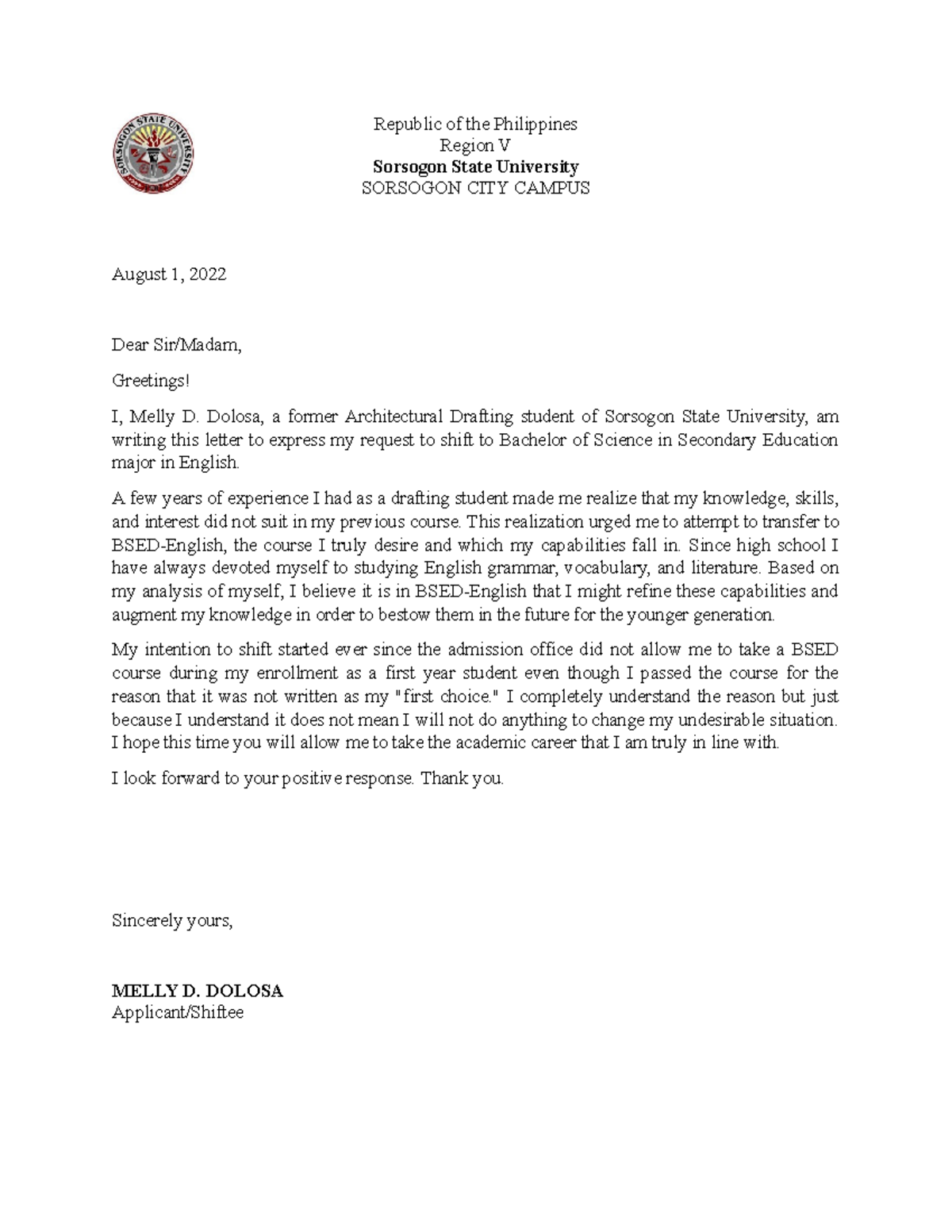Letter to shift - Unedited - Republic of the Philippines Region V ...