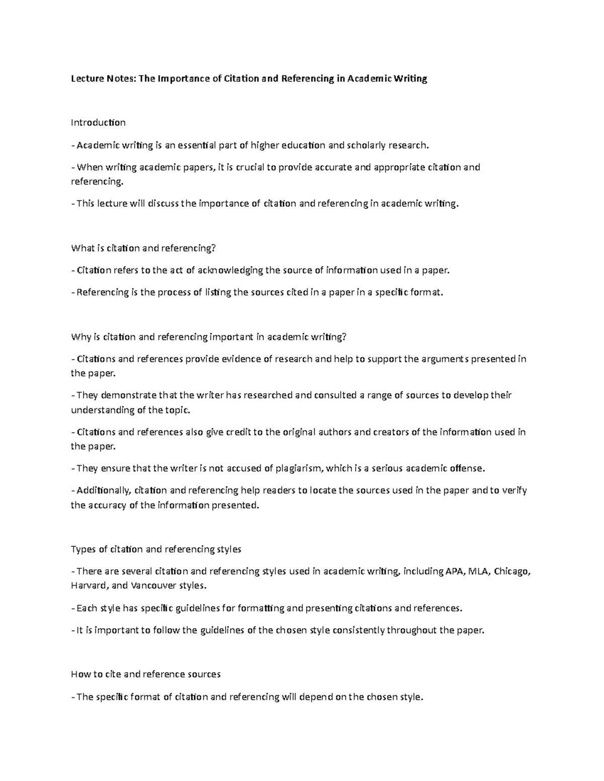 Lecture Notes: The Importance of Citation and Referencing in Academic ...