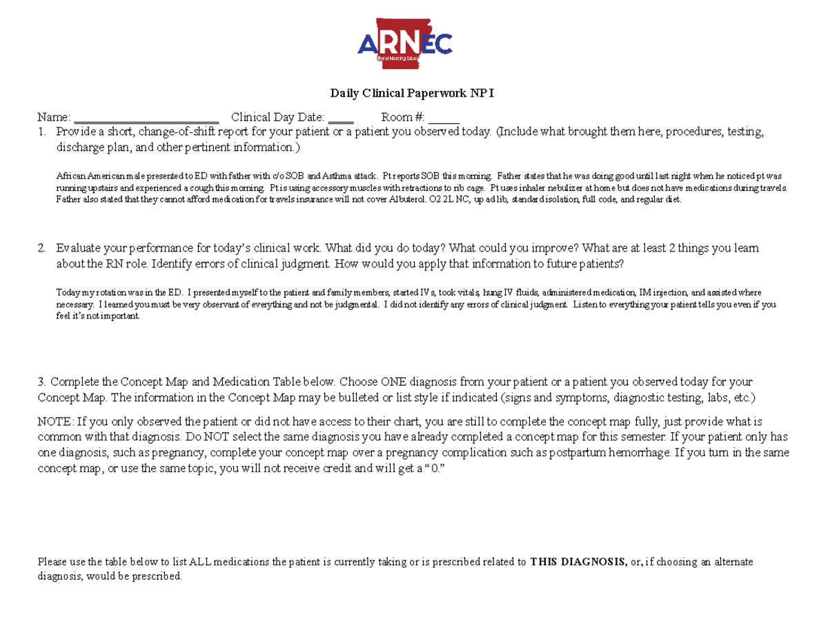 Arnec Daily Clinical Paperwork Practicum III Clinical Day 12 - Daily ...