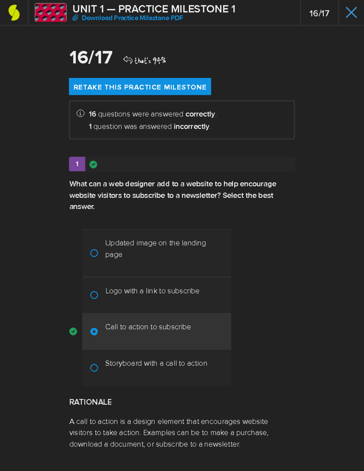 Practice Milestone 1 - 1 16/17 that's 94% RETAKE THIS PRACTICE MILESTONE 16 questions were - Studocu