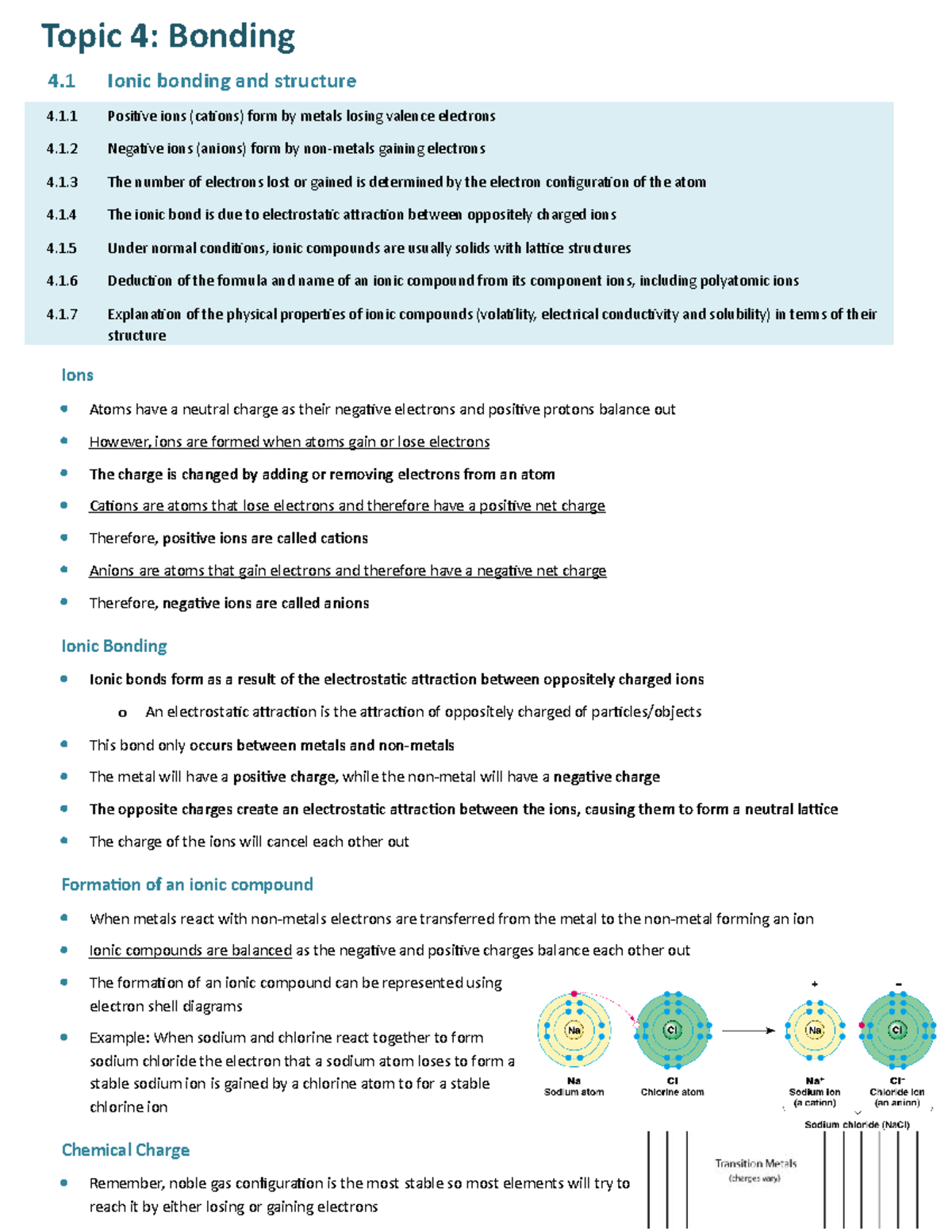4. bonding - Topic 4: Bonding 4 Ionic bonding and structure 4.1 ...