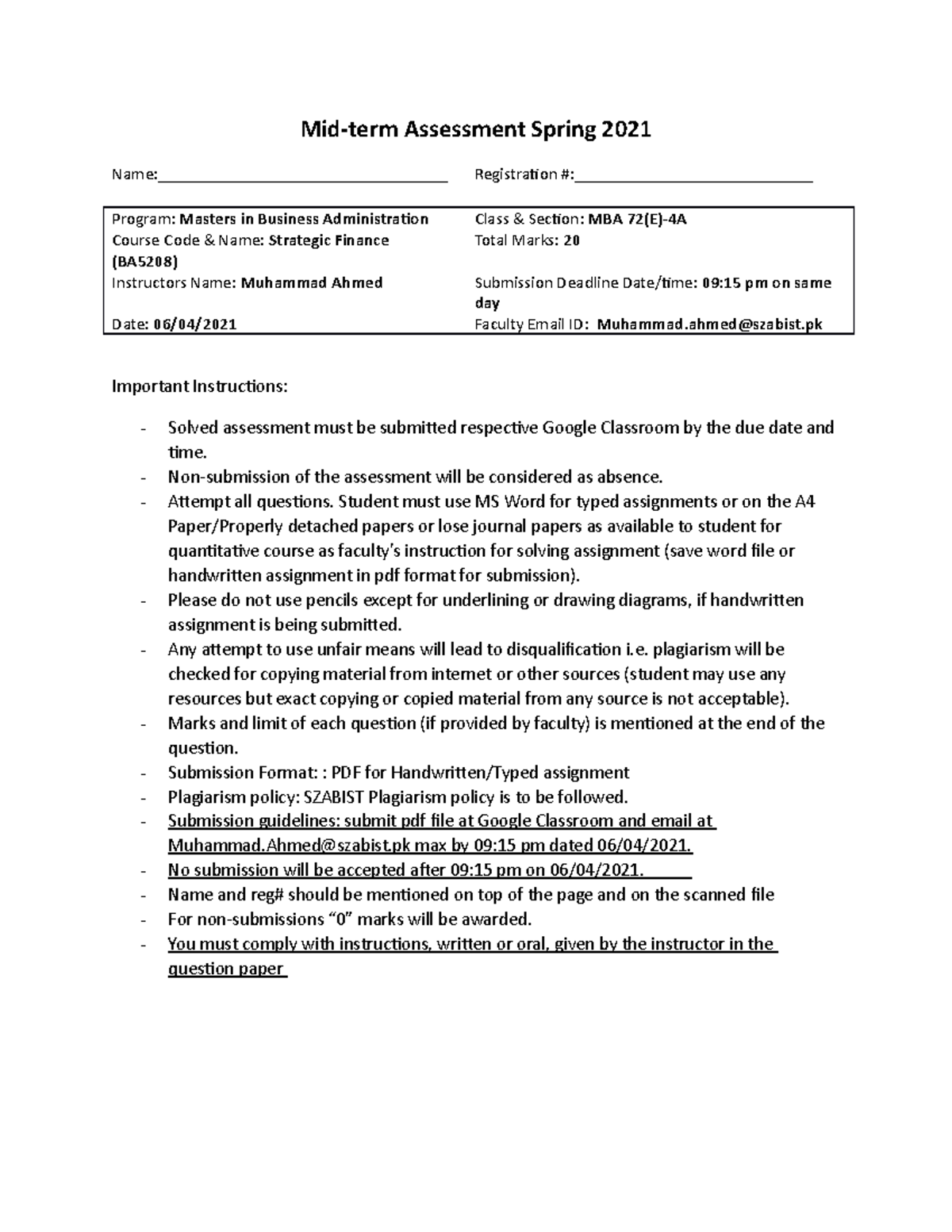 Mid term assessment Strategic Finance Spring 2021 MBA 72E 4A - Mid-term ...