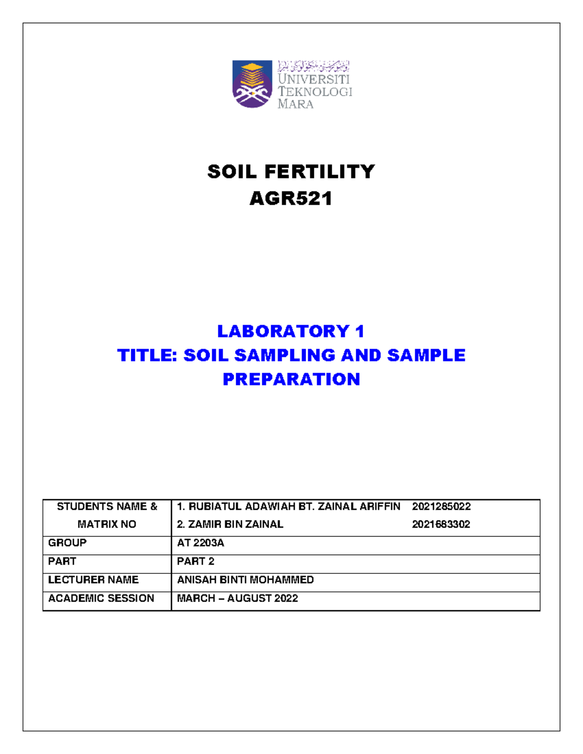LAB1 AGR521 Zamir Rubiatul - SOIL FERTILITY AGR LABORATORY 1 TITLE ...