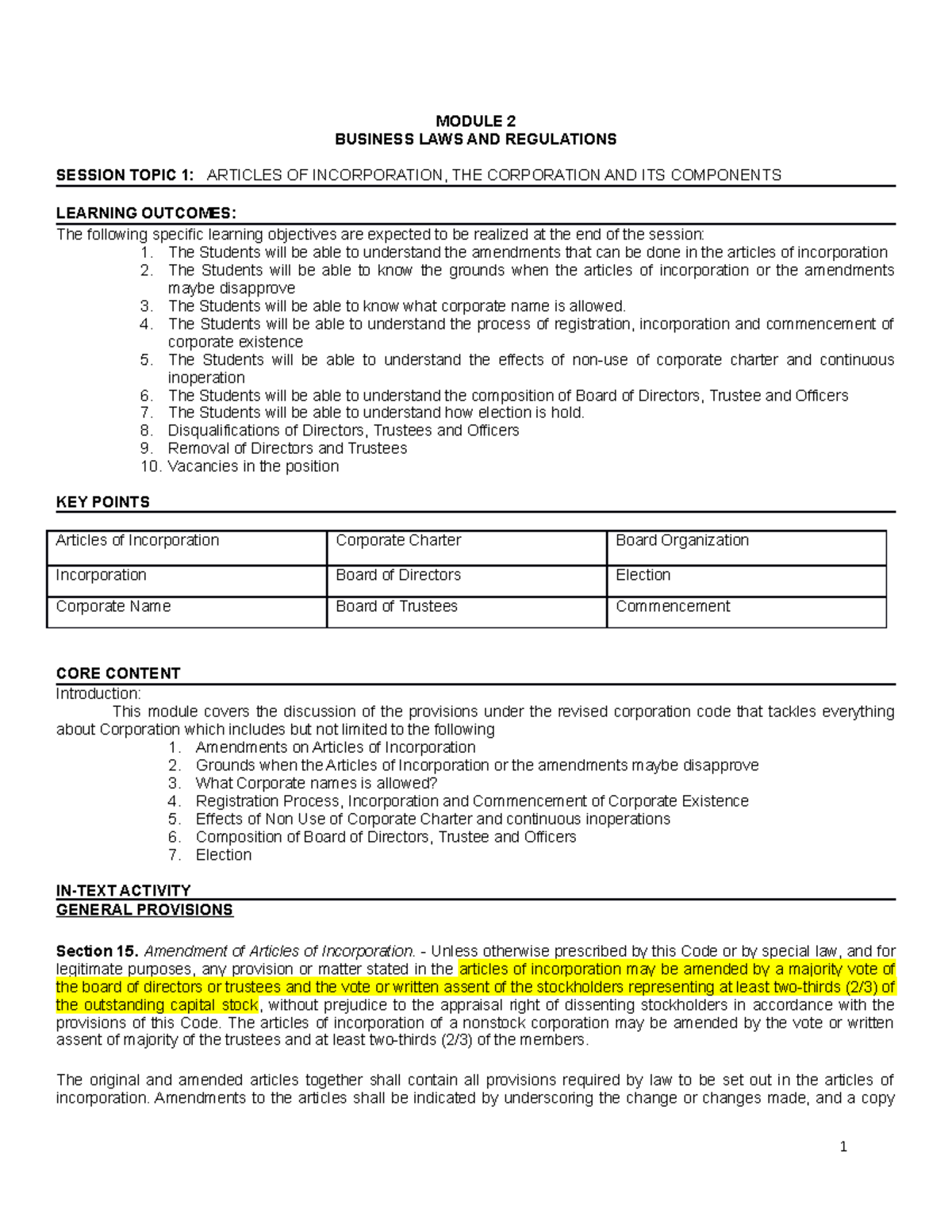 Module 2 Articles of Incorporation - Business Law and Regulations - Studocu