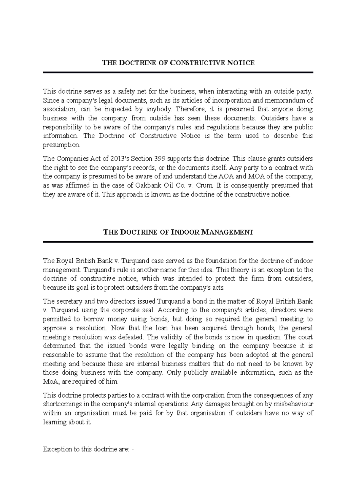 (Company Law Doctrines) - THE DOCTRINE OF CONSTRUCTIVE NOTICE This ...