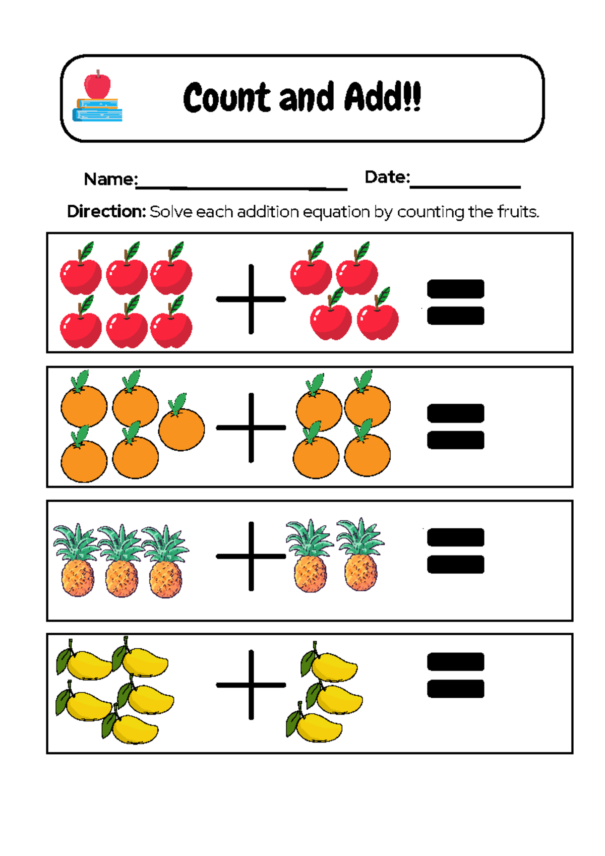 Basic Addition - Name: Date: Count and Add!! Direction: Solve each ...