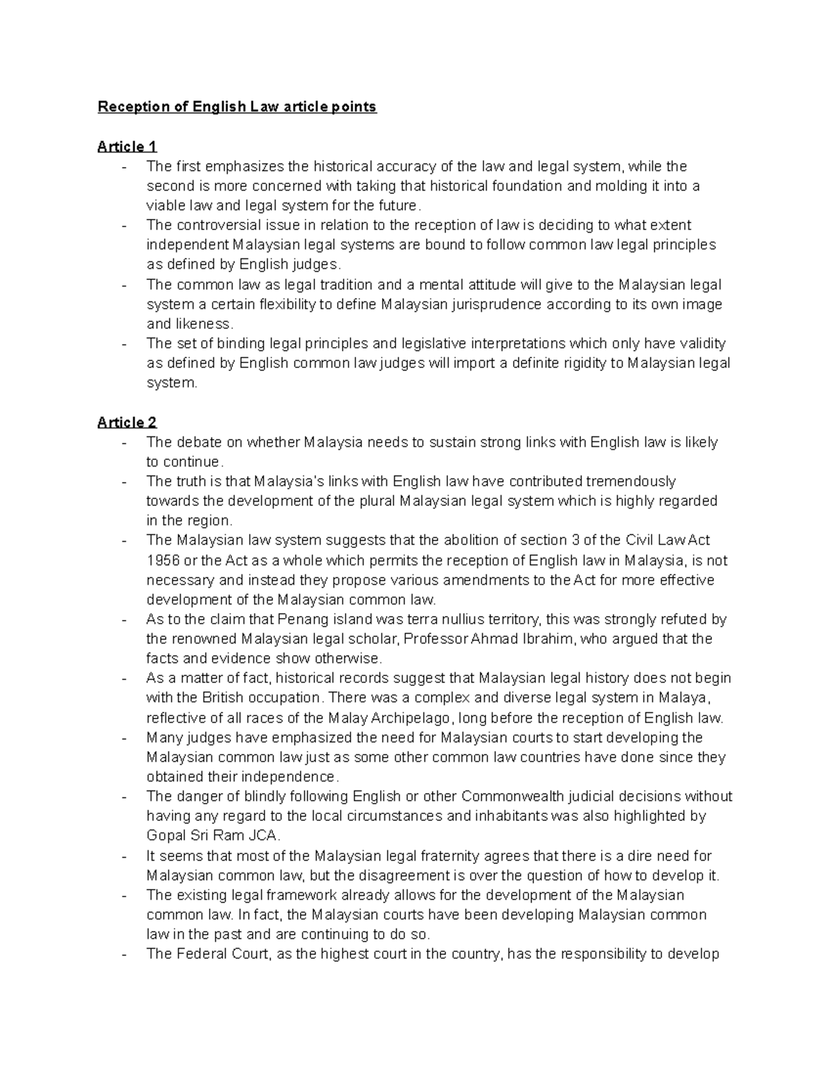 Reception of English Law article points for assignment 1 - Reception of ...
