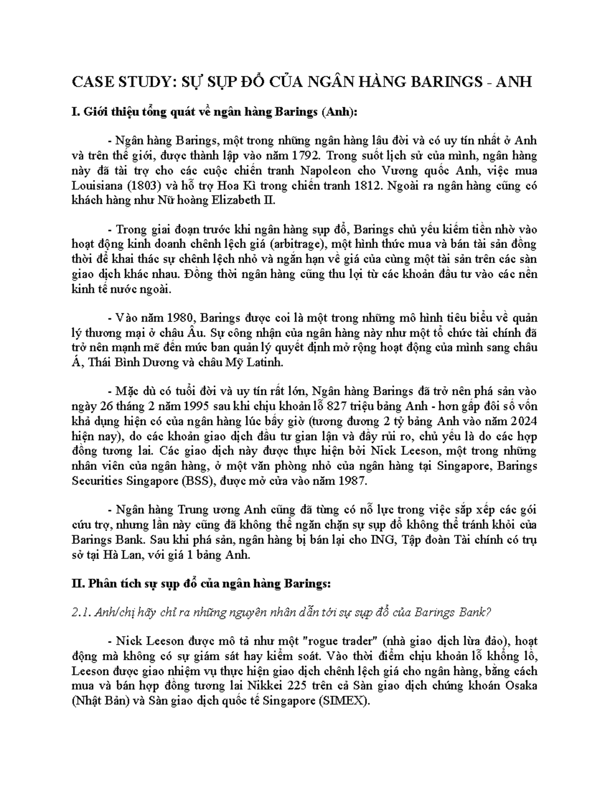 CASE Study Baring BANK QUẢN TRỊ RỦI RO NGÂN HÀNG - CASE STUDY: SỰ SỤP ...