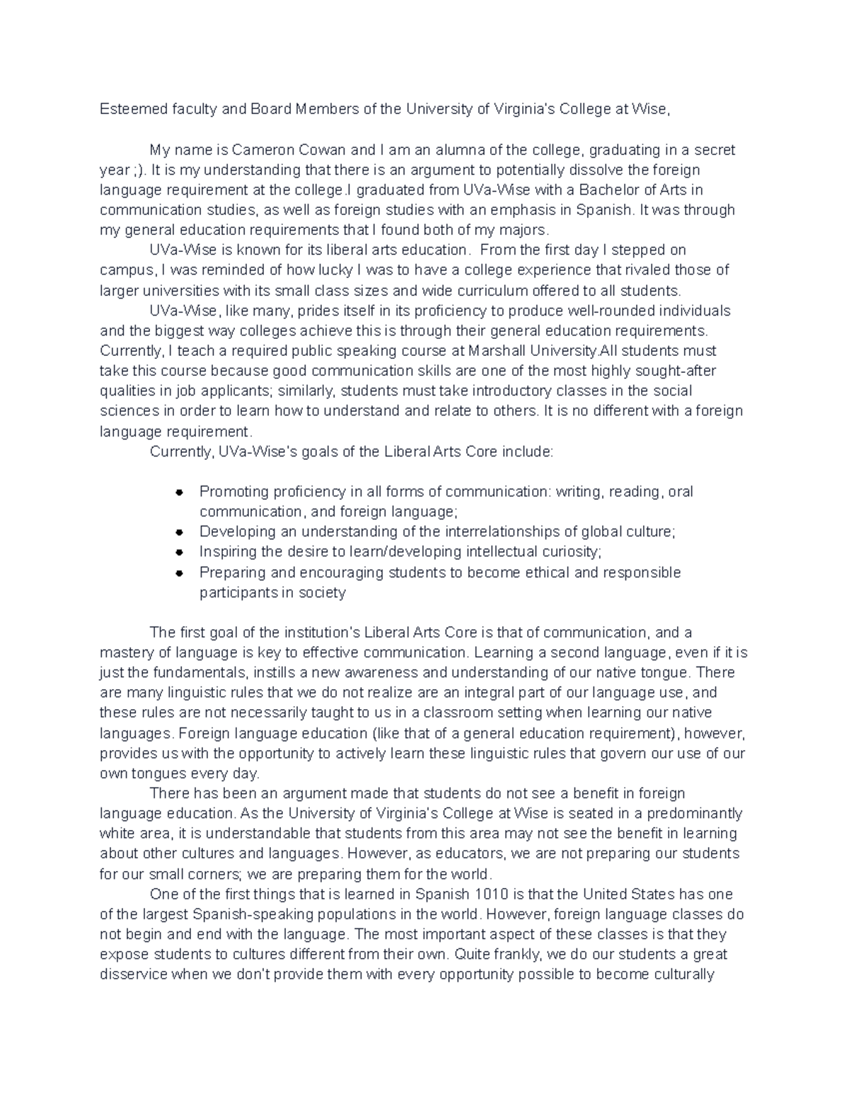 A Letter from a Former Student - Esteemed faculty and Board Members of ...