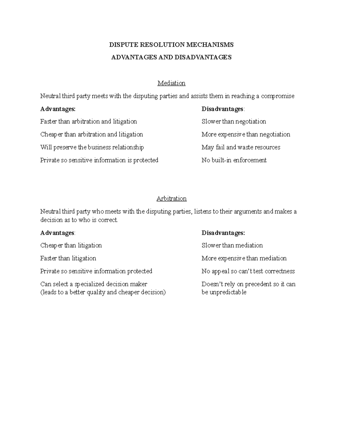 Dispute resolution chart - DISPUTE RESOLUTION MECHANISMS ADVANTAGES AND ...