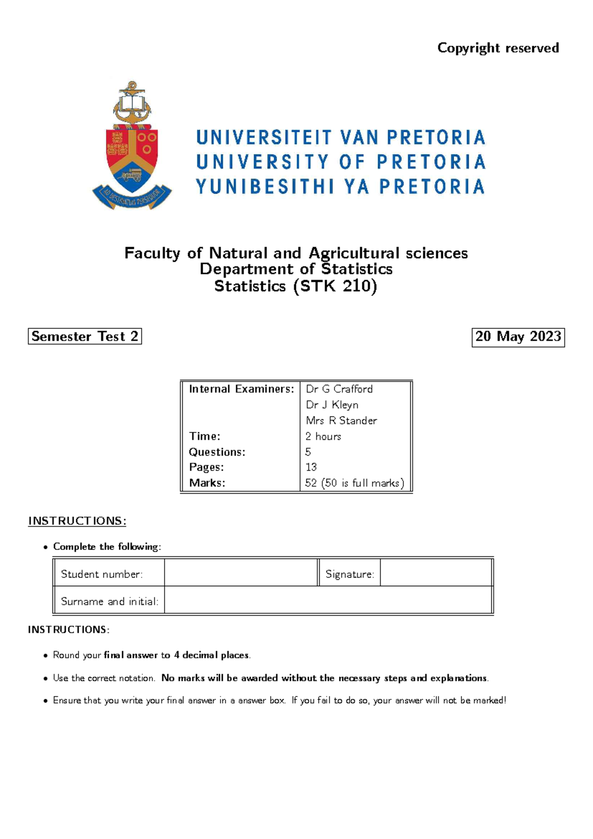 Semester Test 2 2023 - Past Paper for sem test 2 - Copyright reserved ...