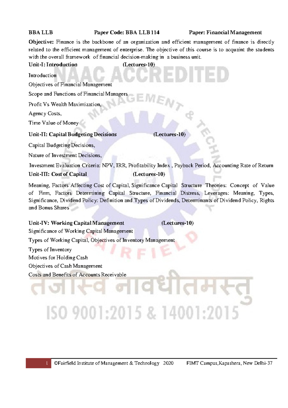 Financial Management notes - BBA LLB Paper Code: BBA LLB 114 Paper ...
