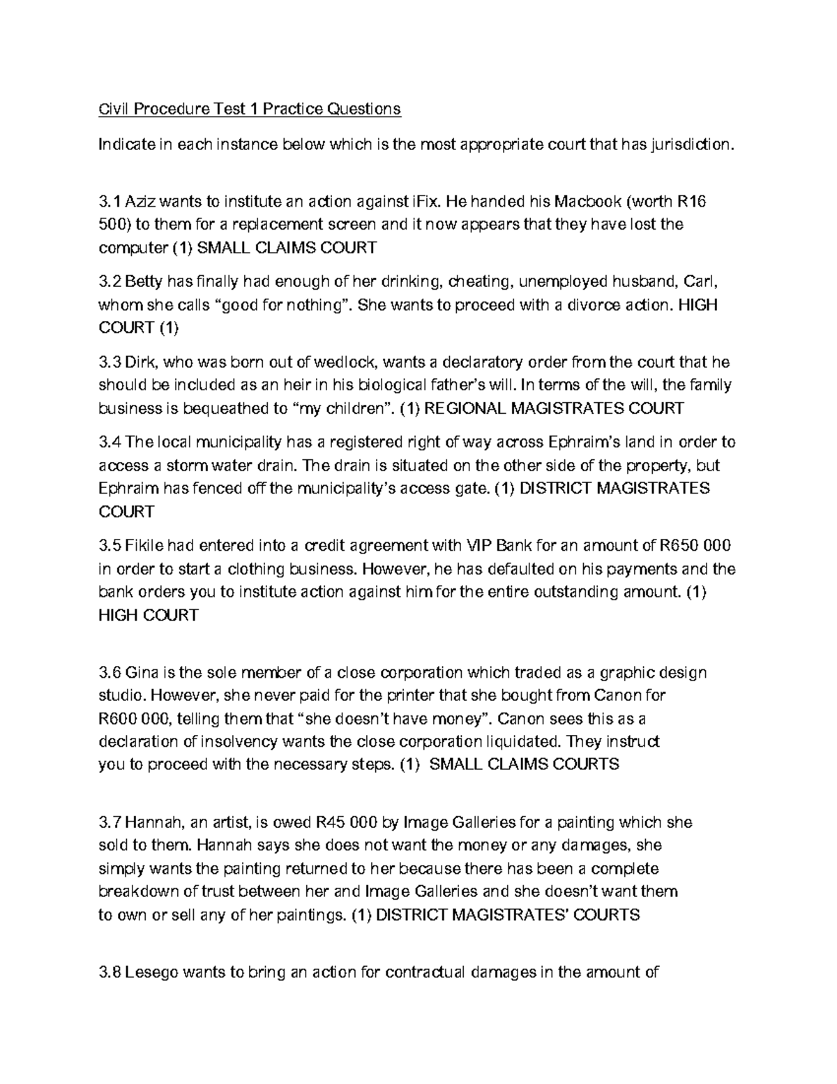 Civil Procedure Test 1 Compilation of previous papers - Civil Procedure ...