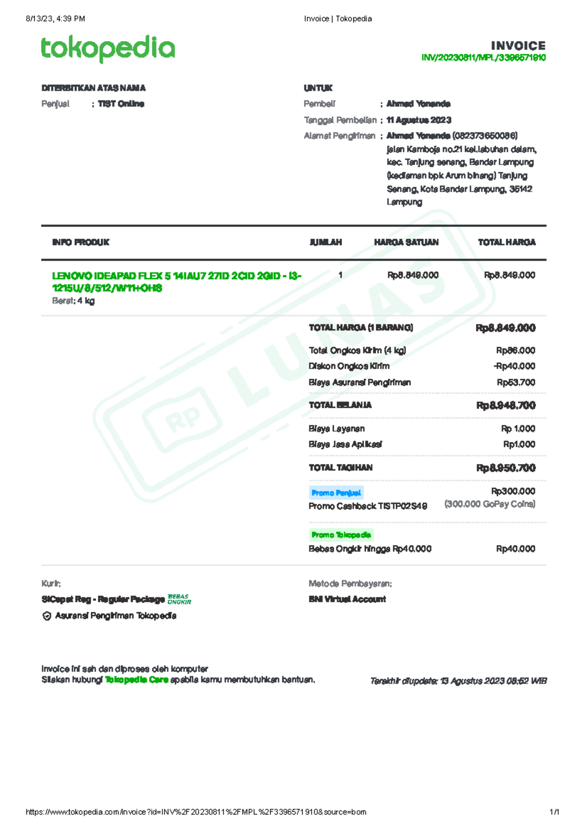 Invoice pembelian idapad flex 5 Tokopedia - 8/13/23, 4:39 PM Invoice ...
