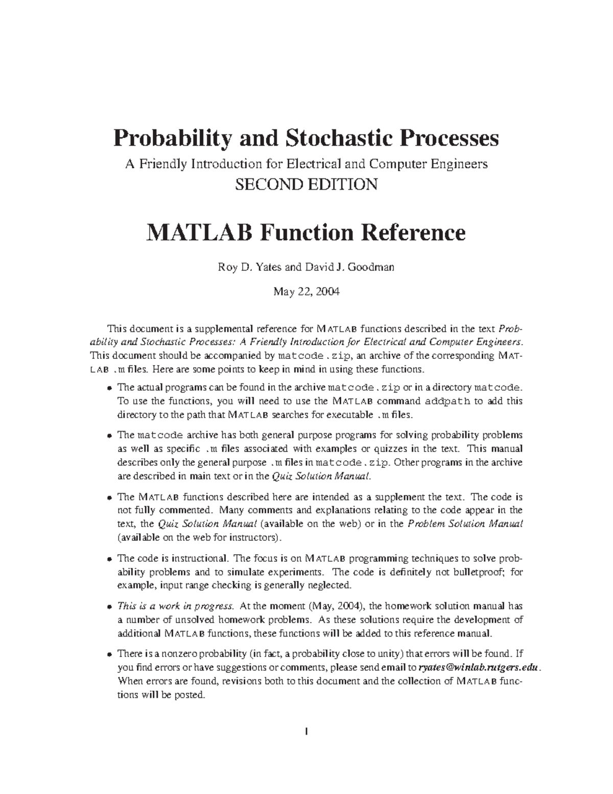 MATLAB Function Reference - Probability and Stochastic Processes A ...