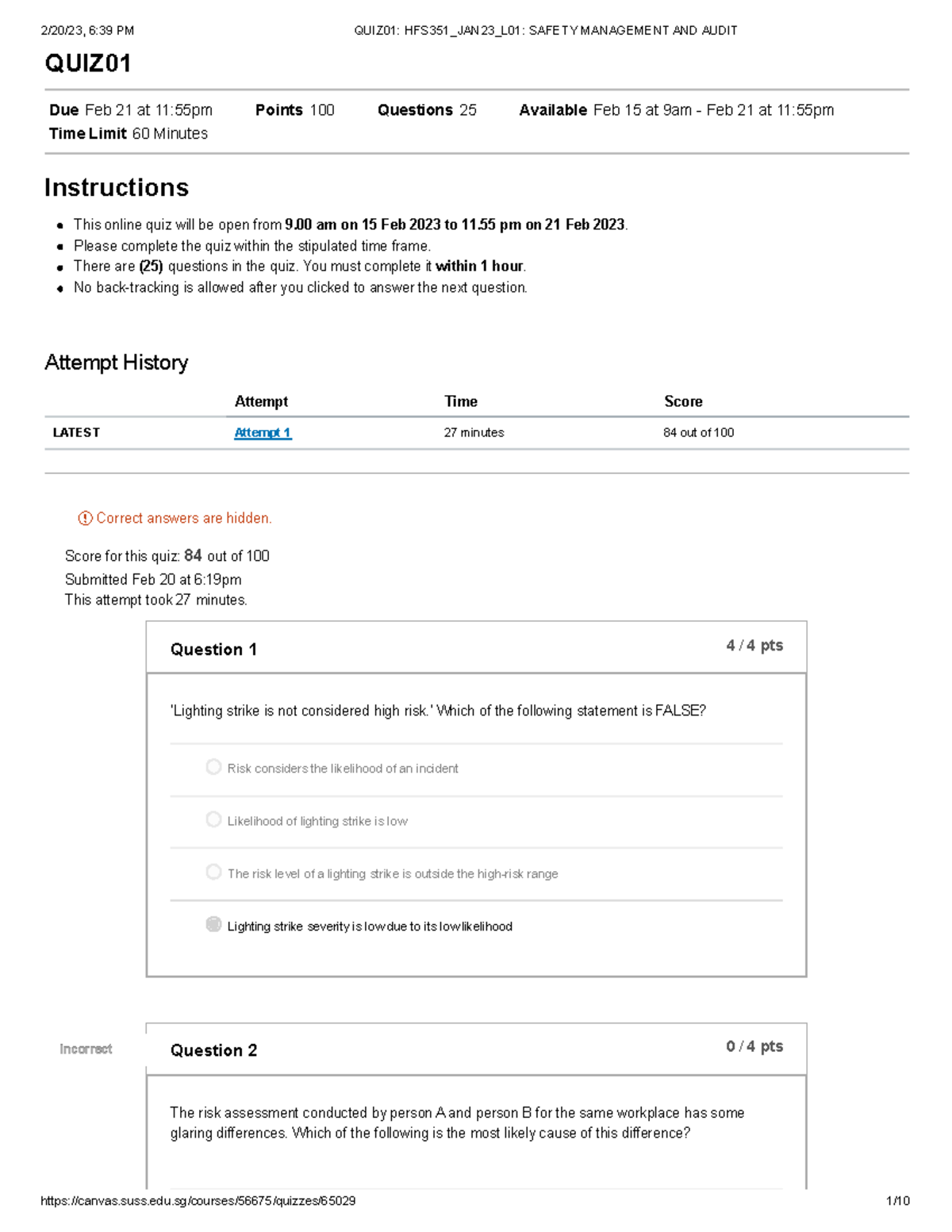 QUIZ01 HFS351 JAN23 L01 Safety Management AND Audit - QUIZ Due Feb 21 at 11:55pm Points 100 ...