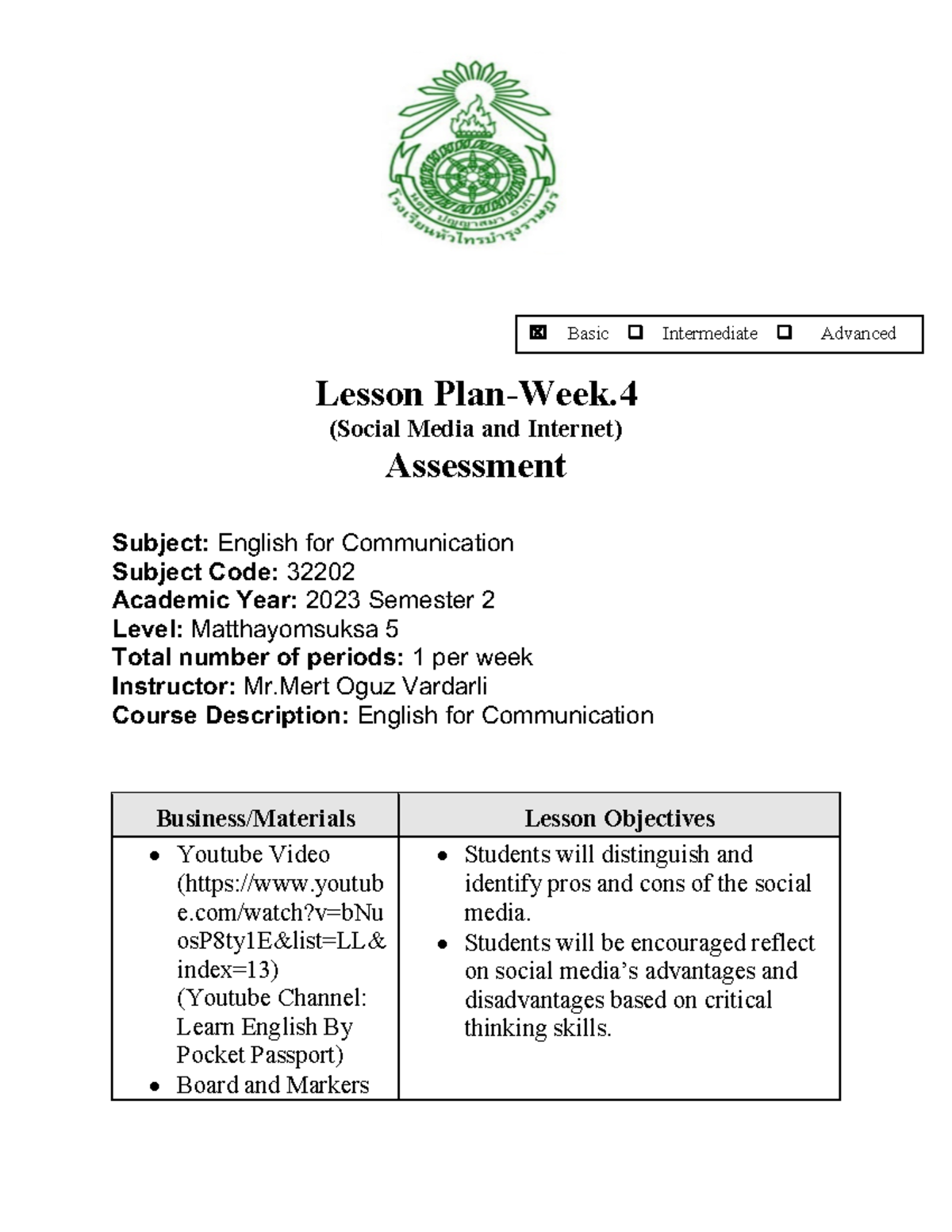 LP:W4 - Social Media - Example of a Weekly Lesson Plan - Lesson Plan ...