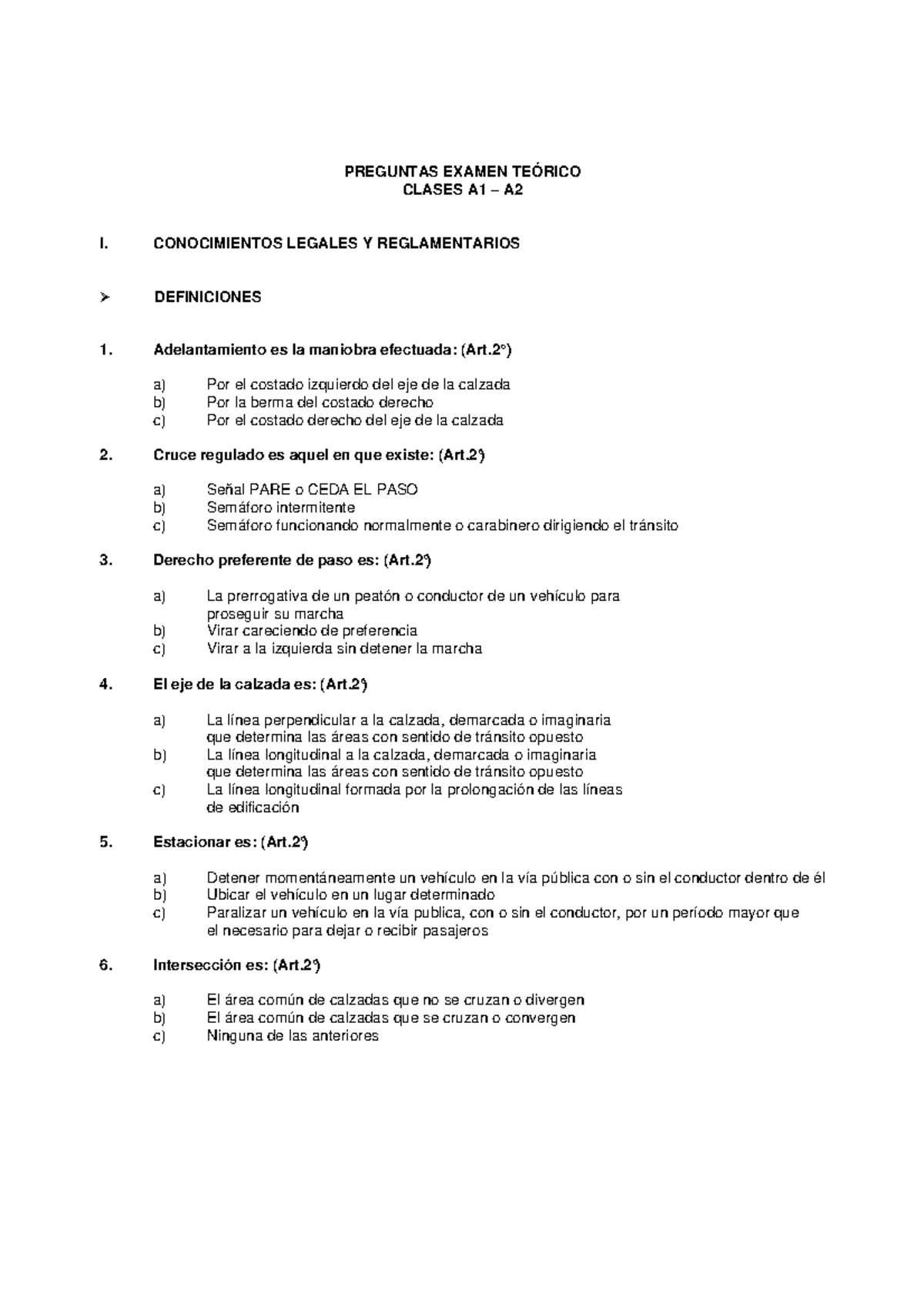Clase Antigua A1 A2 - qwd - PREGUNTAS EXAMEN TEÓRICO CLASES A1 – A I. CONOCIMIENTOS LEGALES Y ...