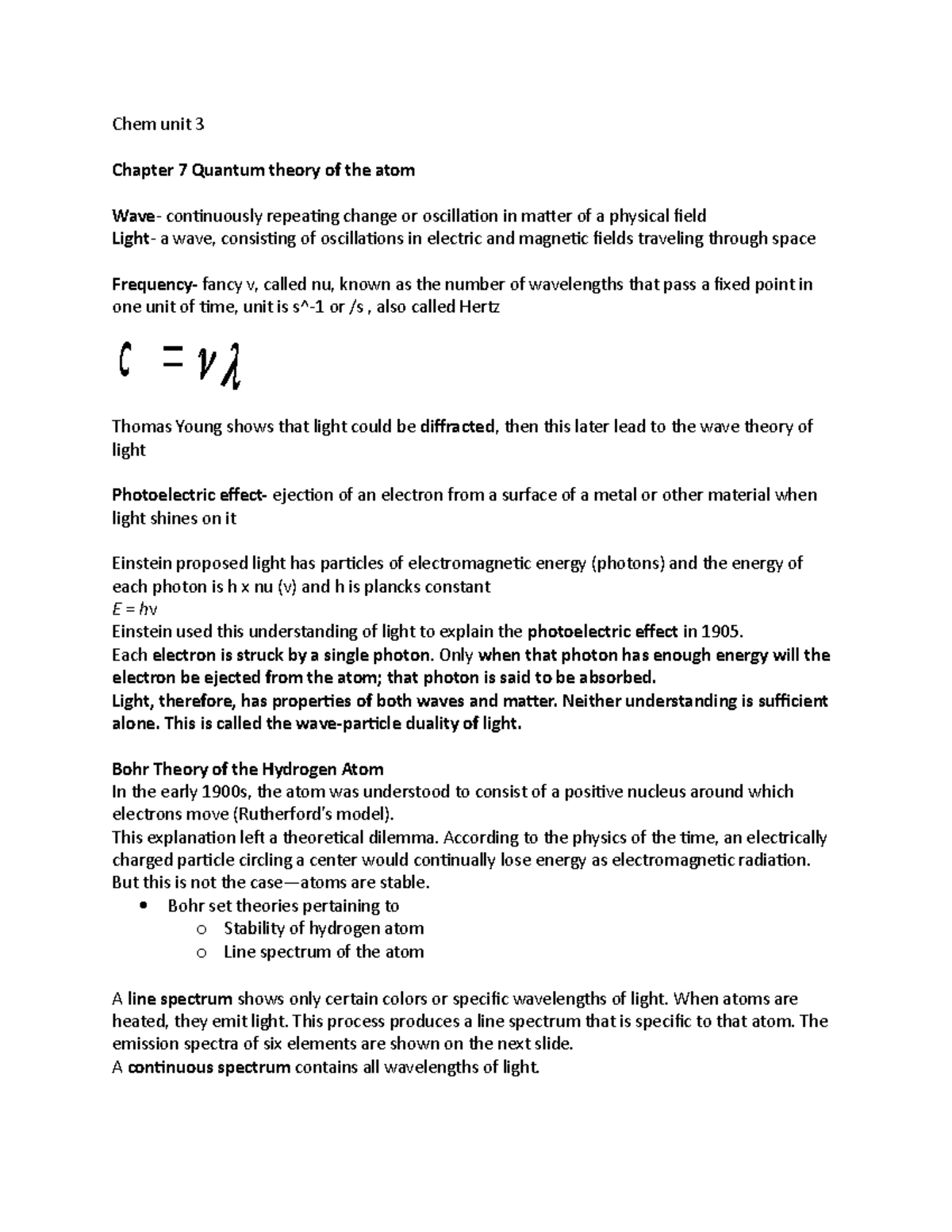 Chem unit 3 - Dr. Ewing - Chem unit 3 Chapter 7 Quantum theory of the ...