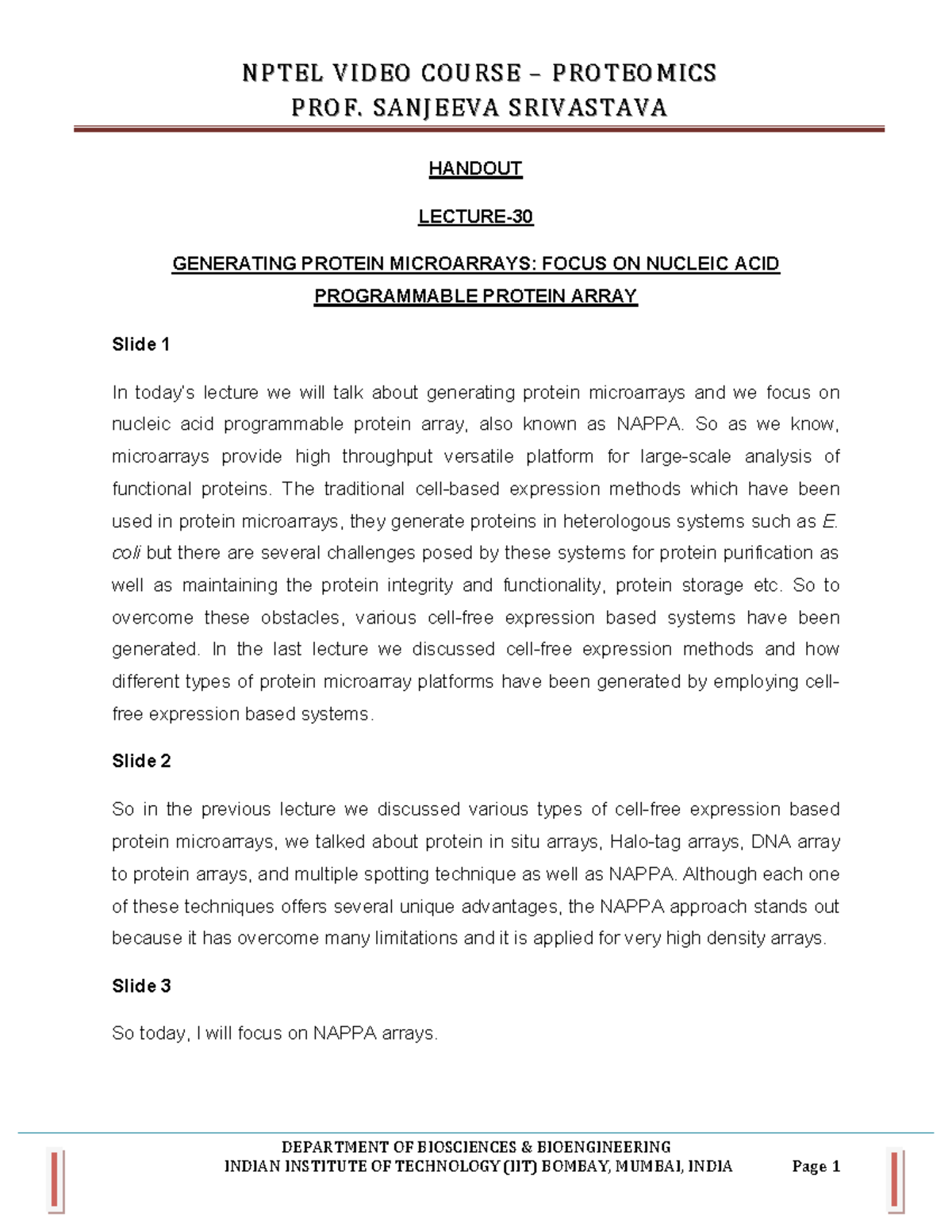 Lecture 30 Handout Notes Prof Sanjeeva Srivastava Sanjeeva