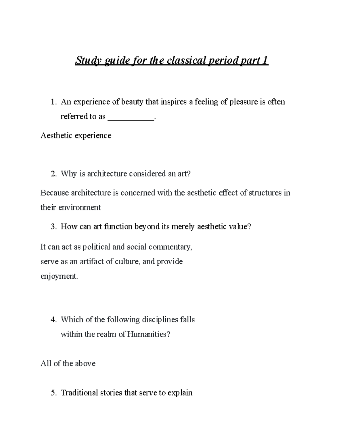 Study guide for the classical period part 1 - Aesthetic experience Why ...