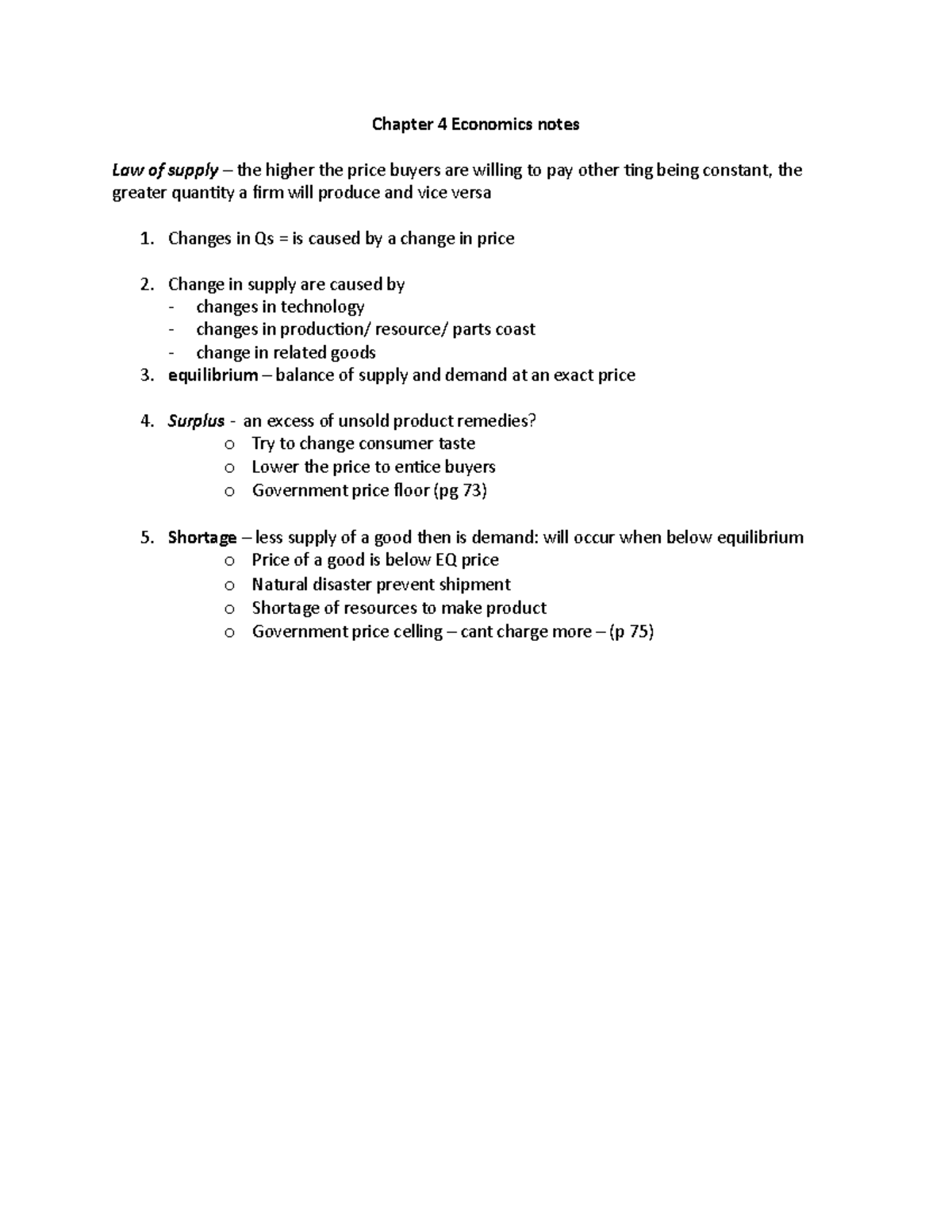 Chapter 4 Economics notes - Chapter 4 Economics notes Law of supply ...