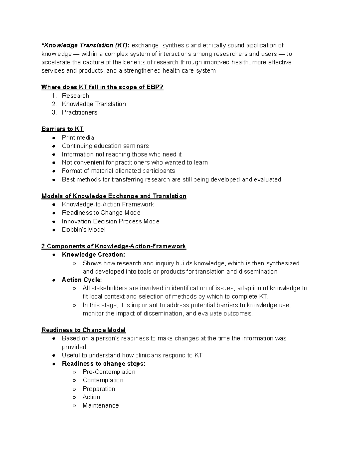 Knowledge Translation in EBP: Barriers Models and Strategies - Studocu