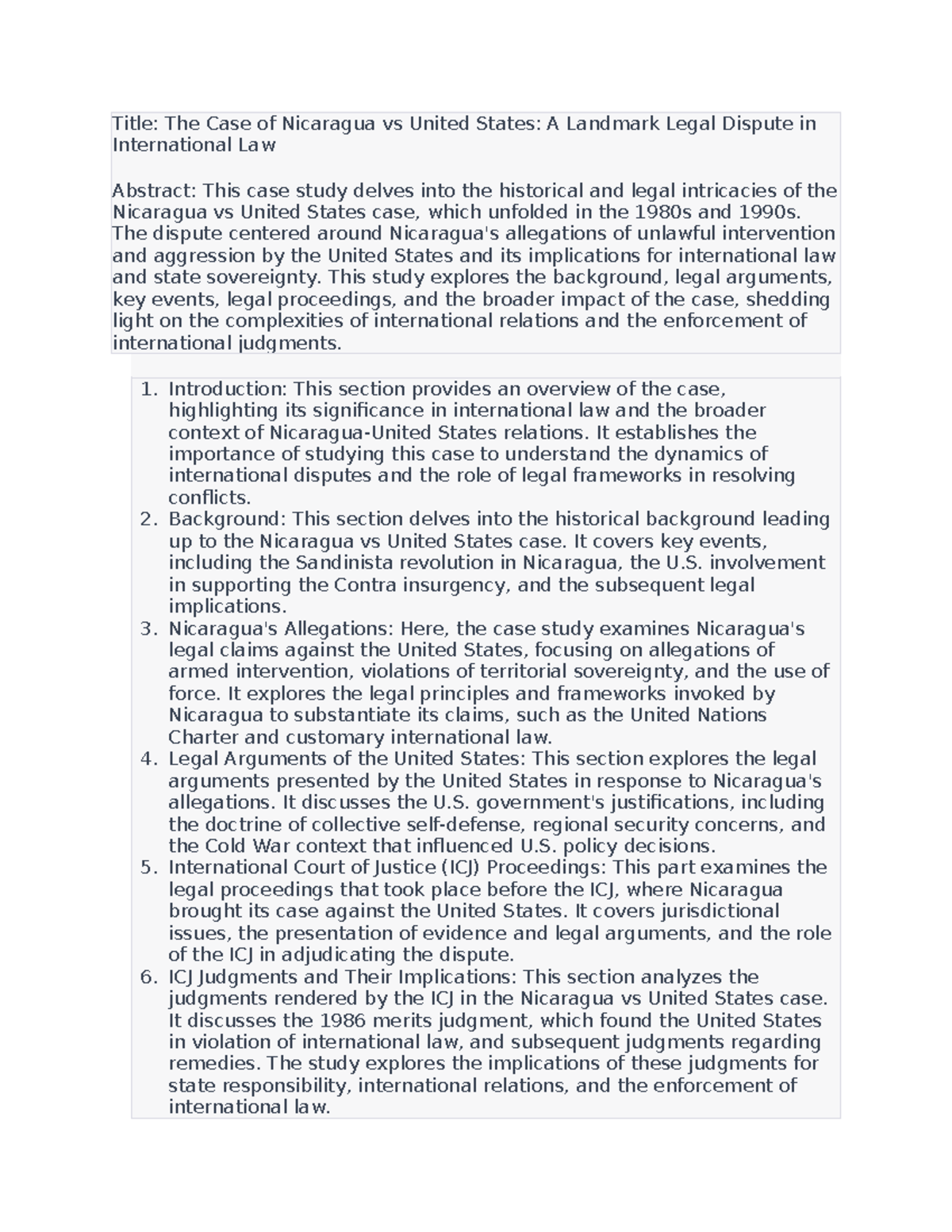 IHL case study - Title: The Case of Nicaragua vs United States: A ...