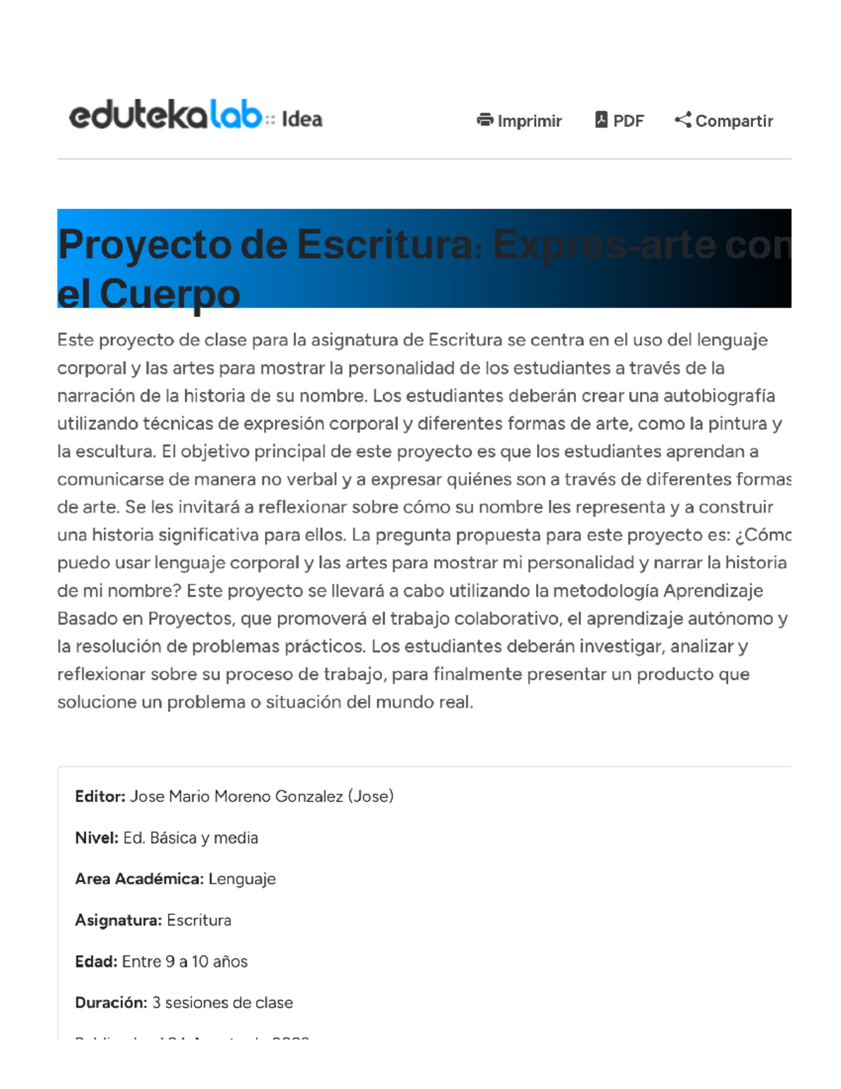 Proyecto De Escritura Expres-Arte Con El Cuerpo - edutekalab Idea ...