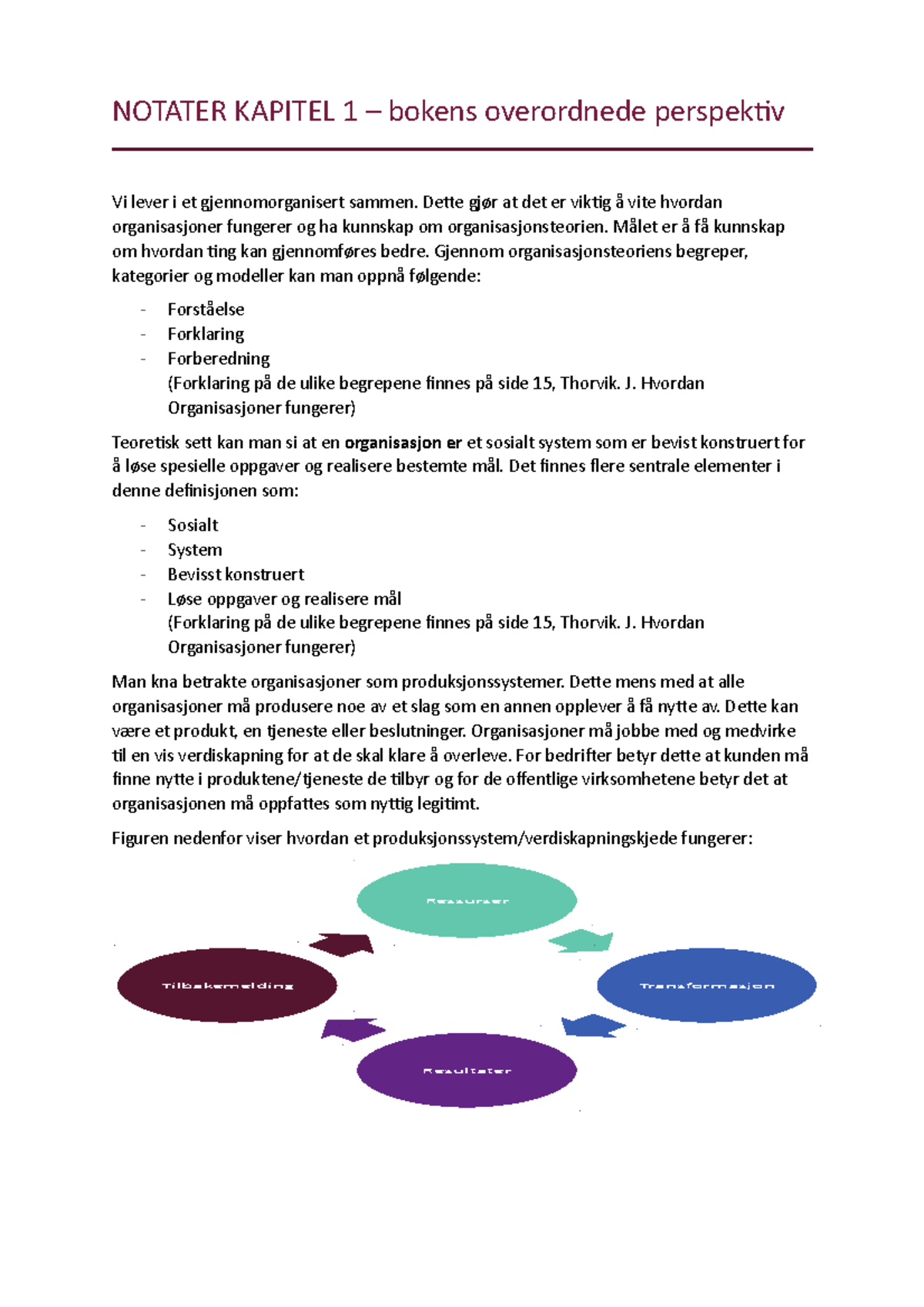 Notater Kapitel 1 - Hvordan organisasjoner fungerer - NOTATER KAPITEL 1 – bokens overordnede ...