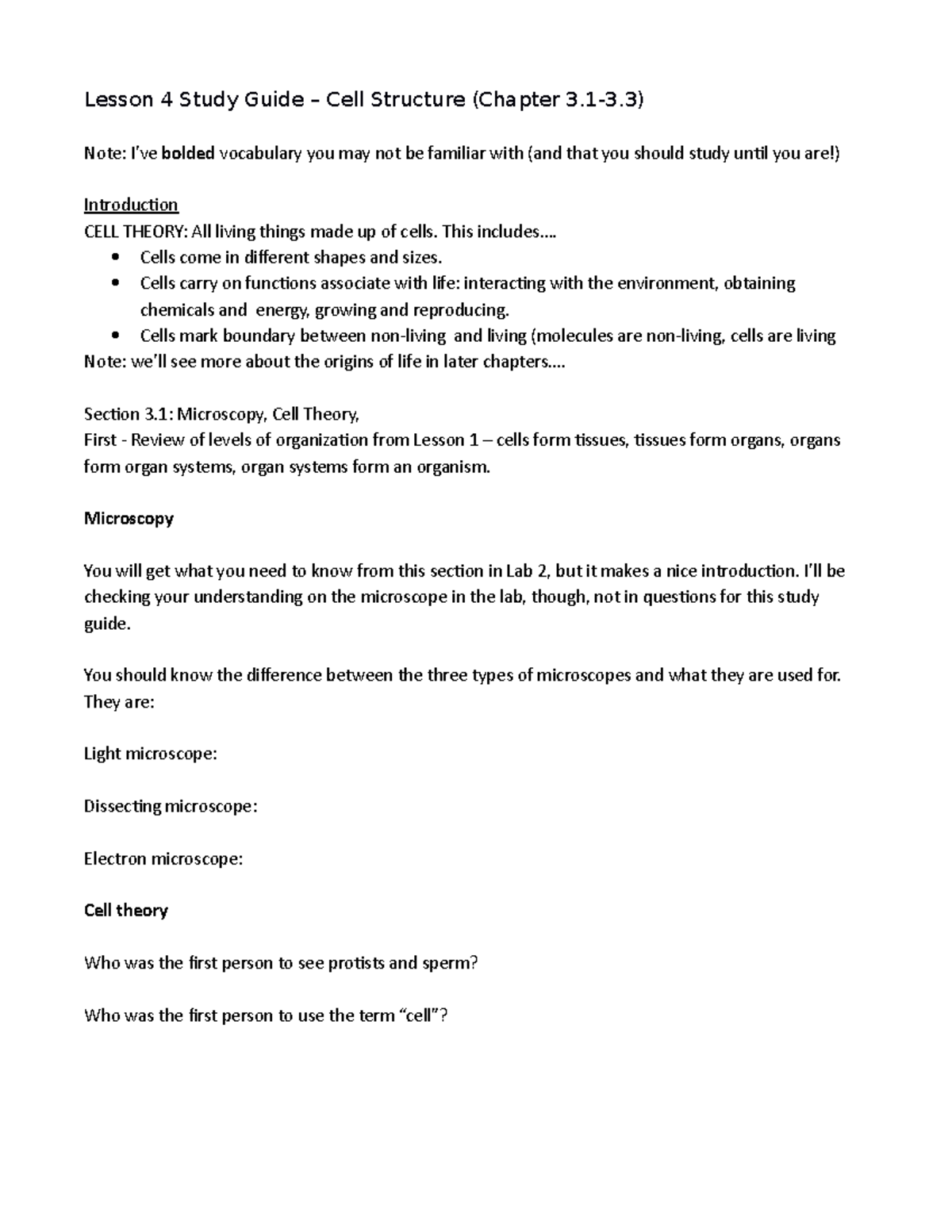 Lesson 4 Study Guide Cell Structure - Lesson 4 Study Guide – Cell ...