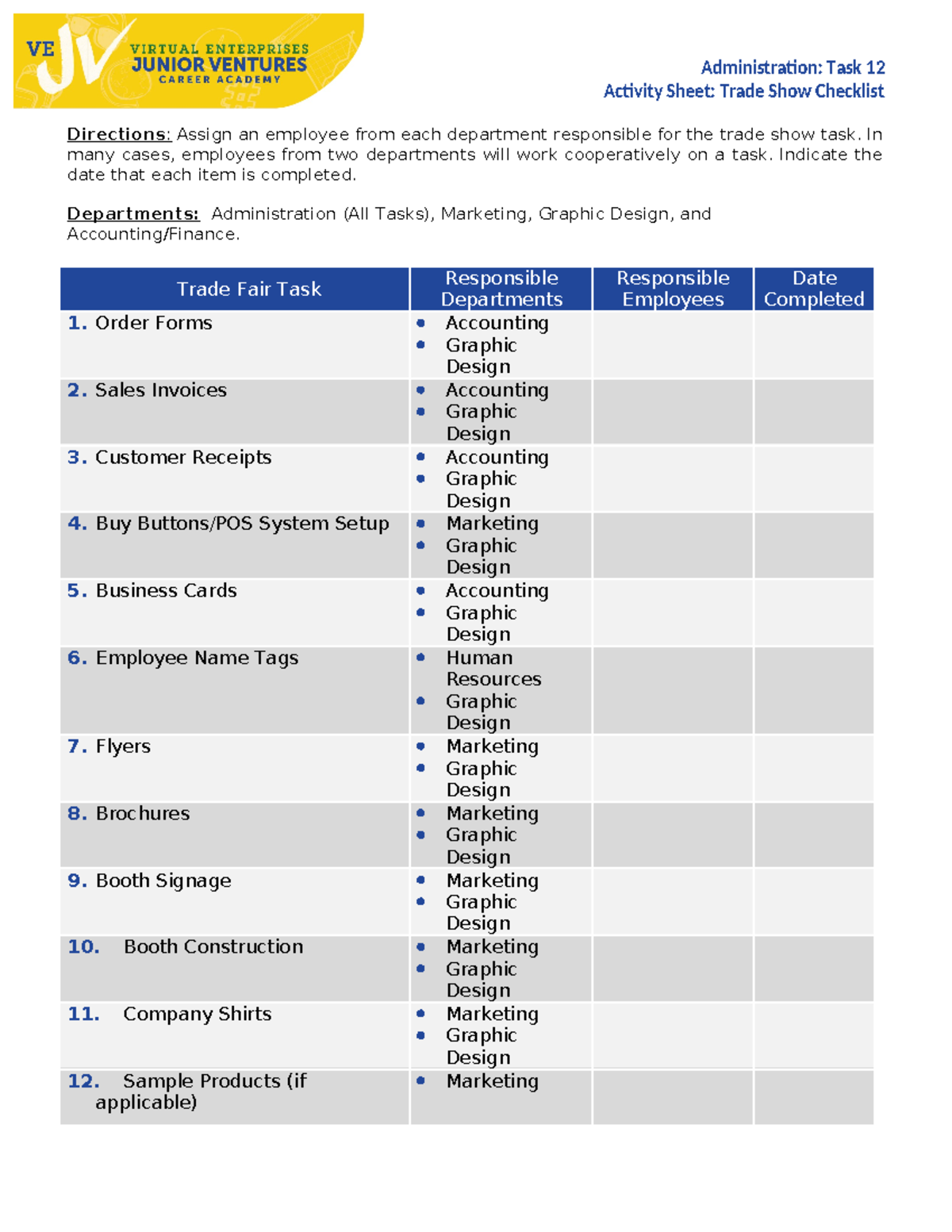 Admin Task 12 Student Activity Sheet - Trade Show Checklist - Administration: Task 12 Activity ...