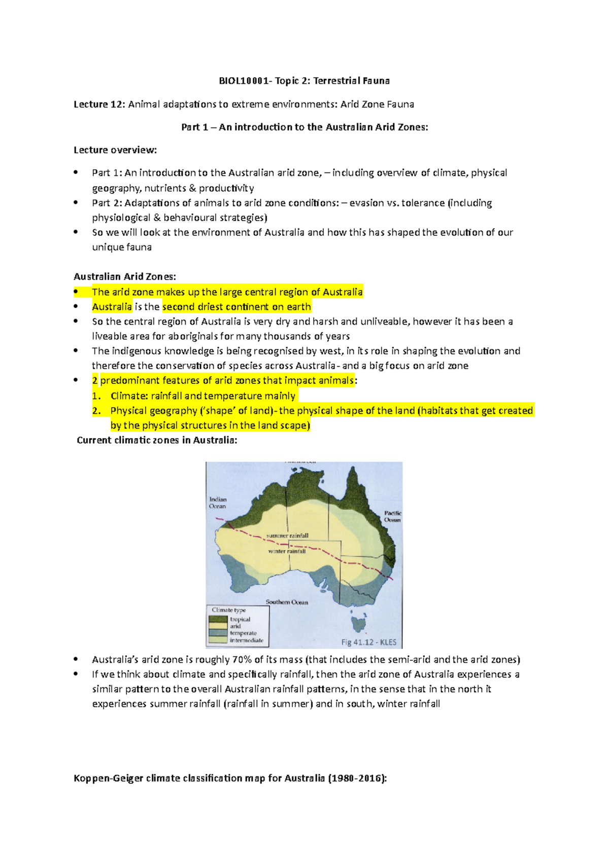 BIOL10001 topic 2 notes- terrestrial fauna - BIOL10001- Topic 2 ...