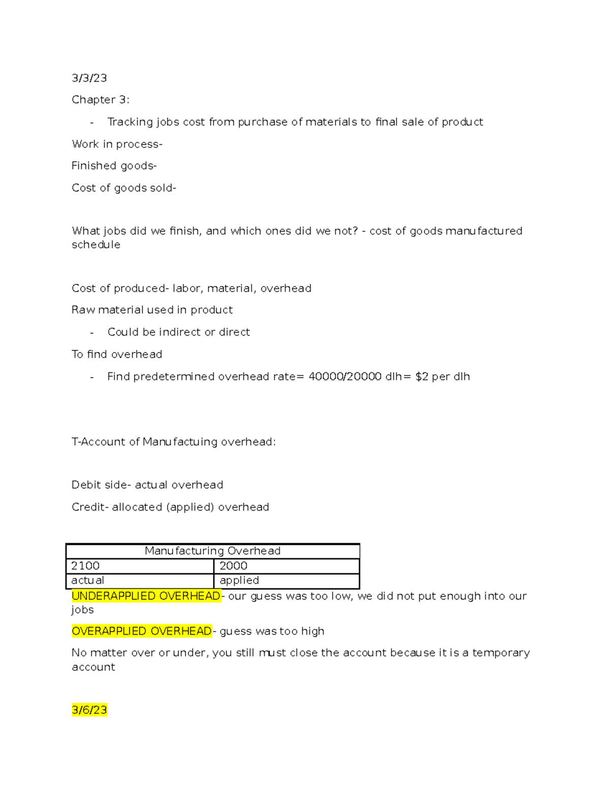 Managerial Accounting Notes - 3/3/ Chapter 3: Tracking jobs cost from ...