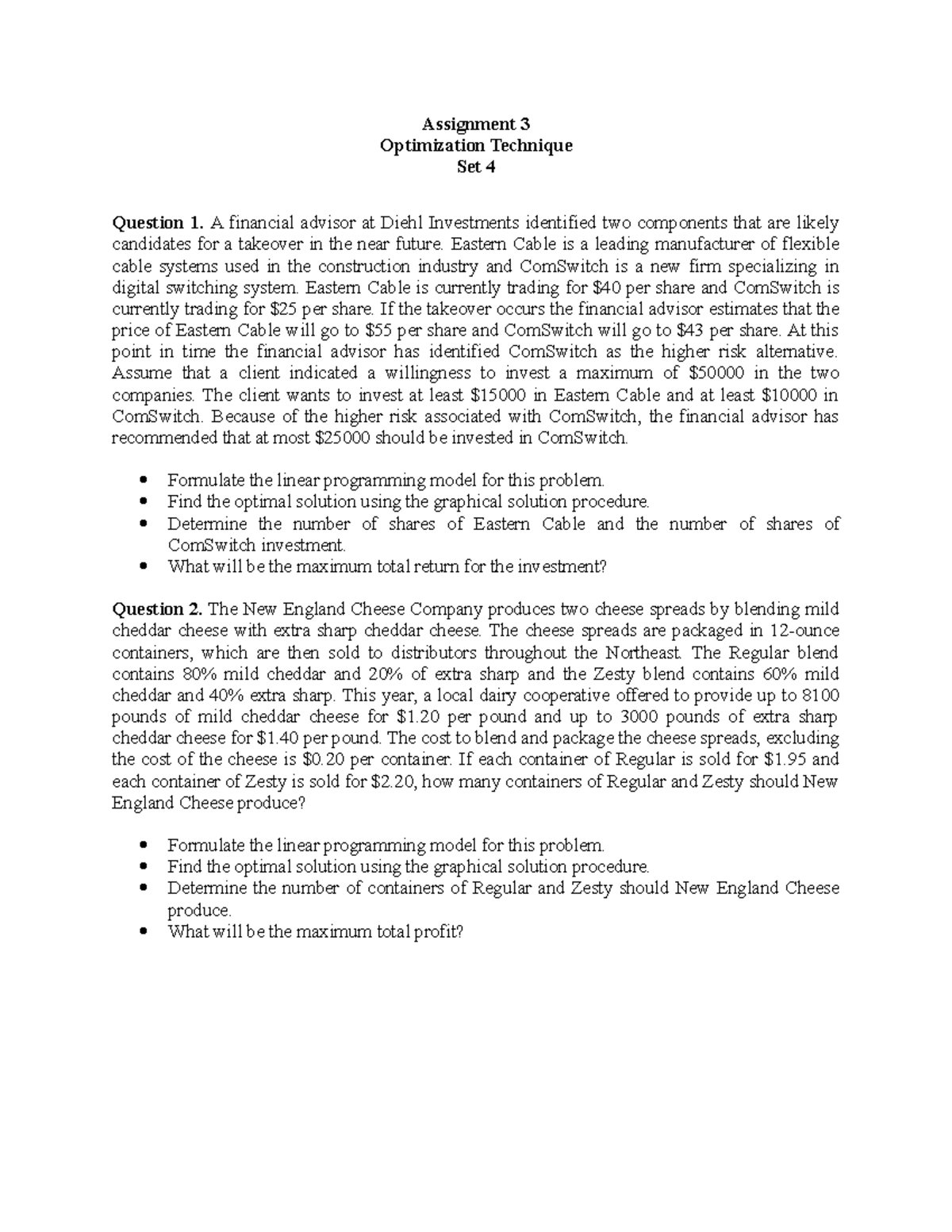 Assignment 3 Set 4 - problem solving questions - Assignment 3 Optimization Technique Set 4 ...