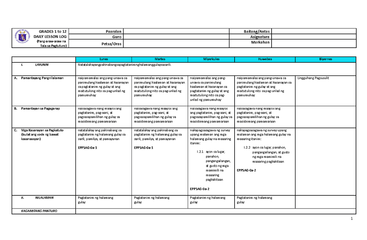 Grade 5 EPP AGRI DLL Whole YEAR Grade 5 1 - GRADES 1 to 12 DAILY LESSON ...