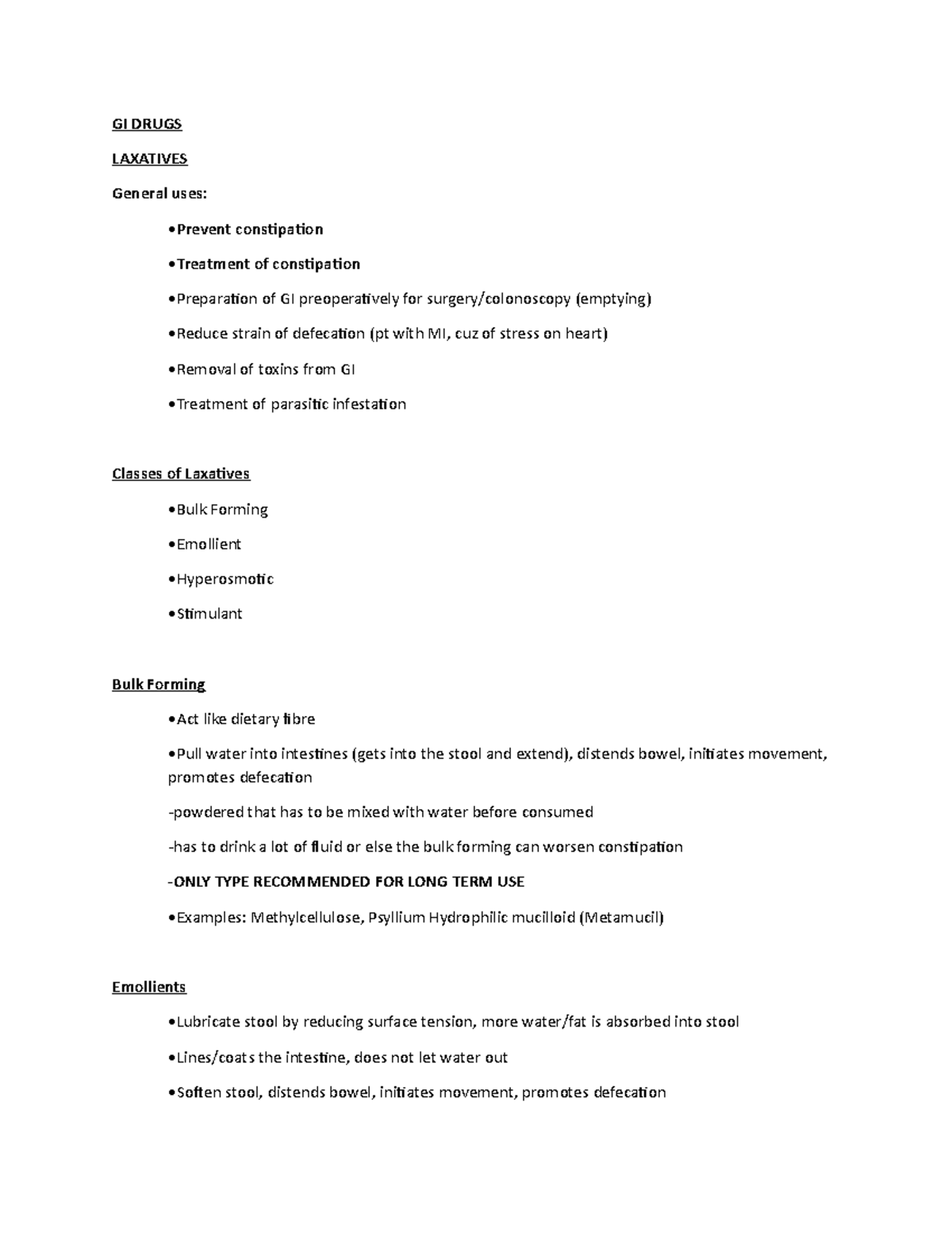 GI Drugs- patho notes - GI DRUGS LAXATIVES General uses: •Prevent ...
